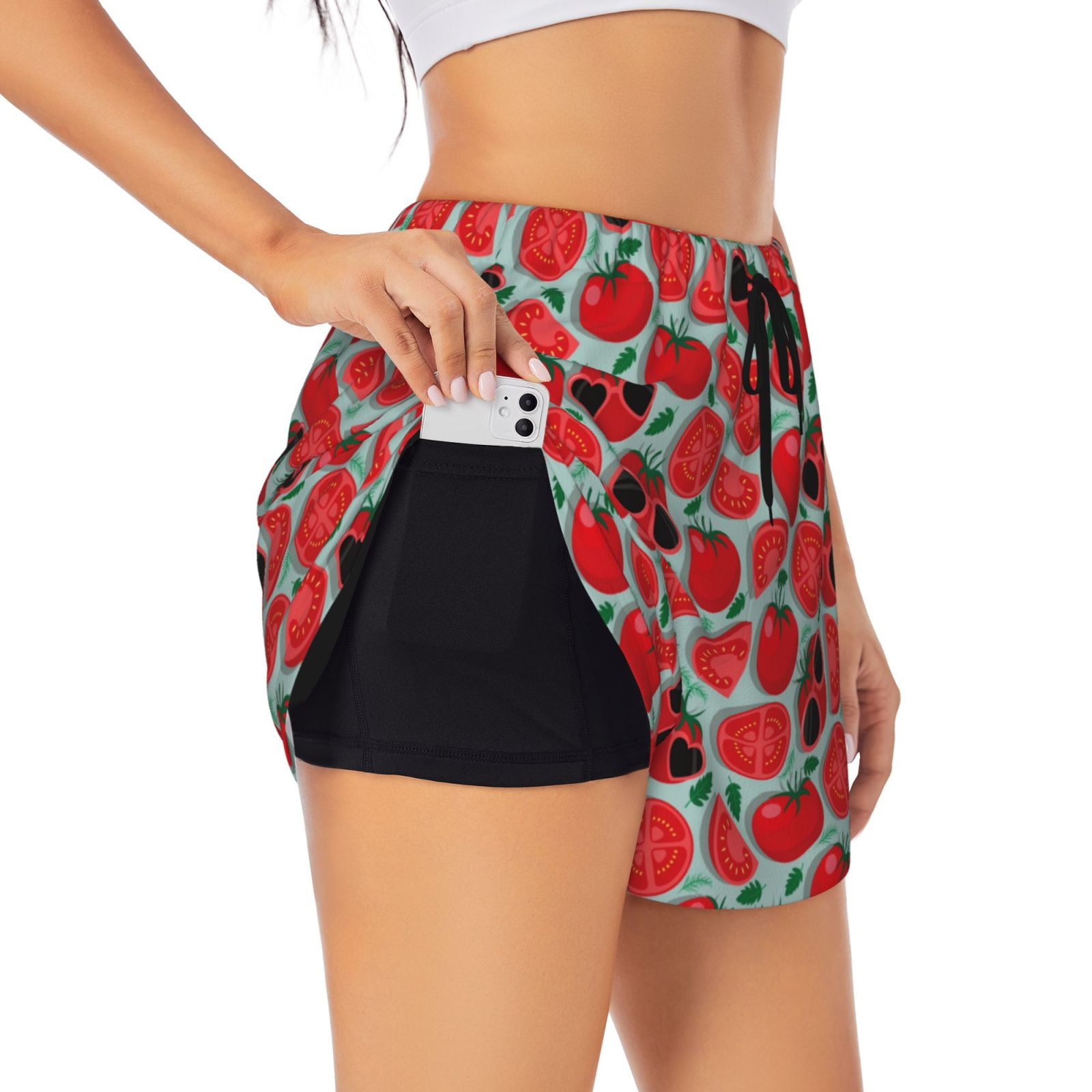 Derioi Cute Tomato for Women's Double Layer Sports Shorts with Pockets ...