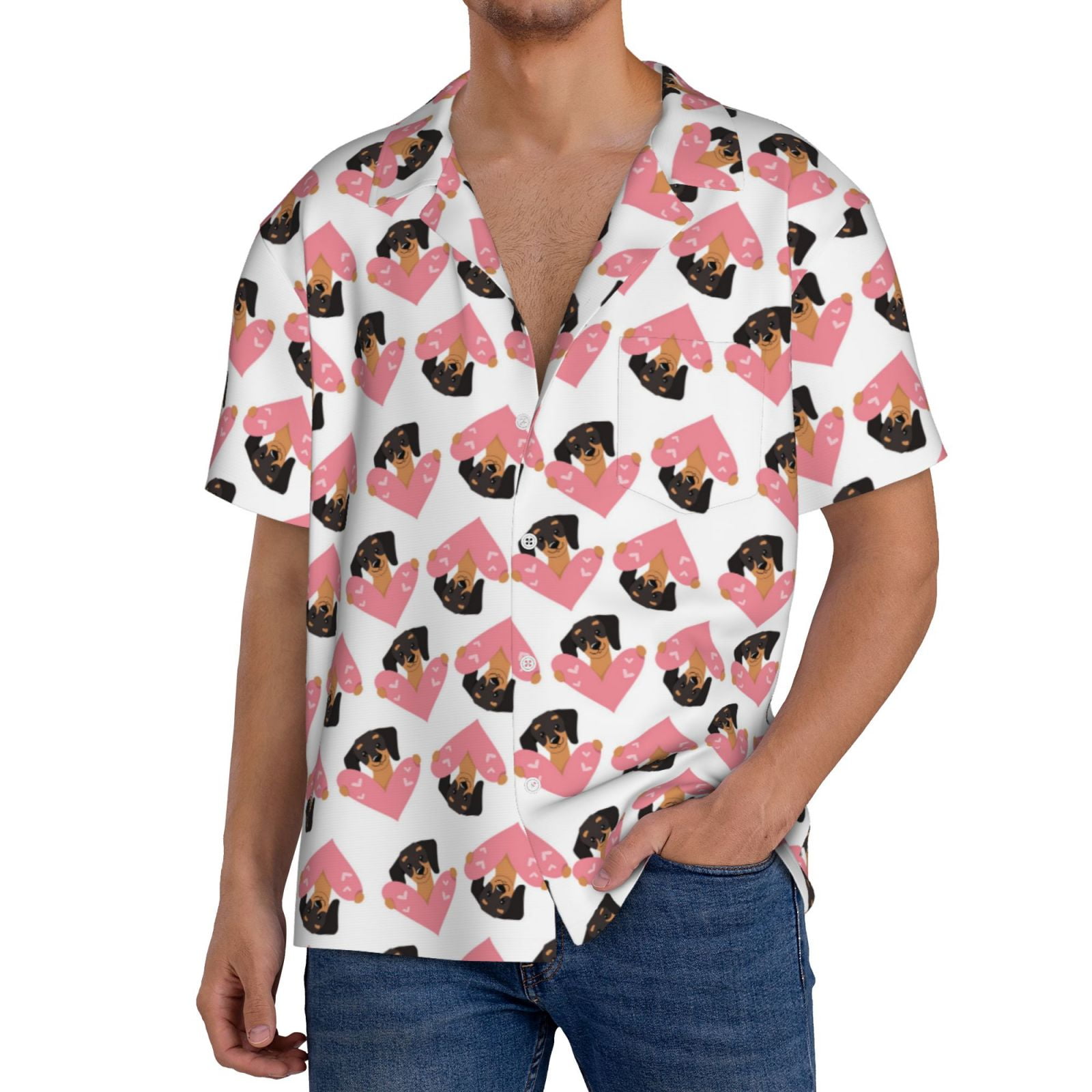 Derioi Dachshund dogs and hearts for Men's Cuban Collar Short Sleeve ...