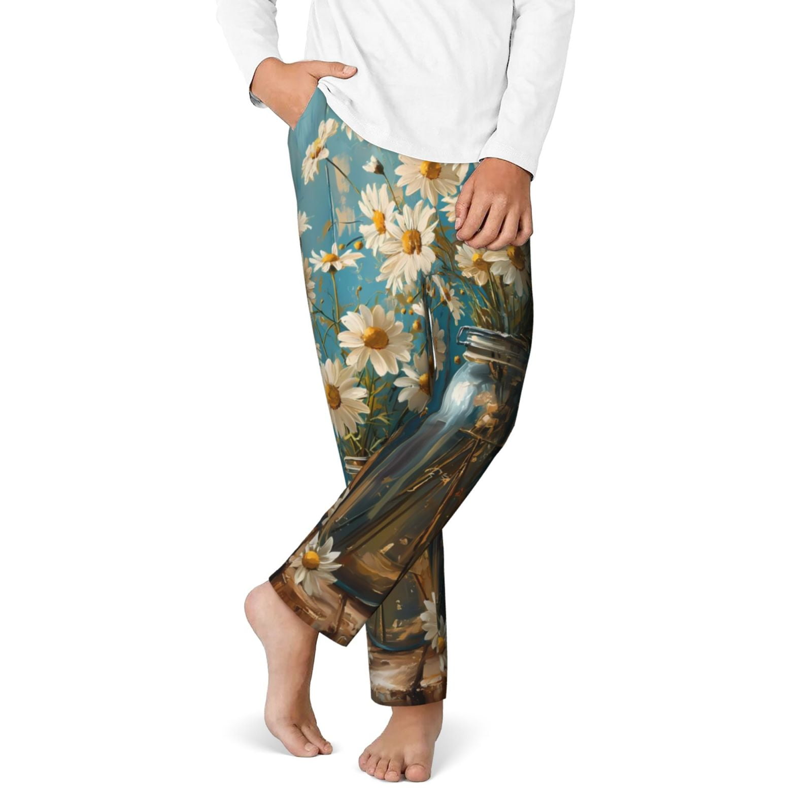 Derioi Delicate White Daisy Jars for Pajama Pants Men Elastic Waistband ...