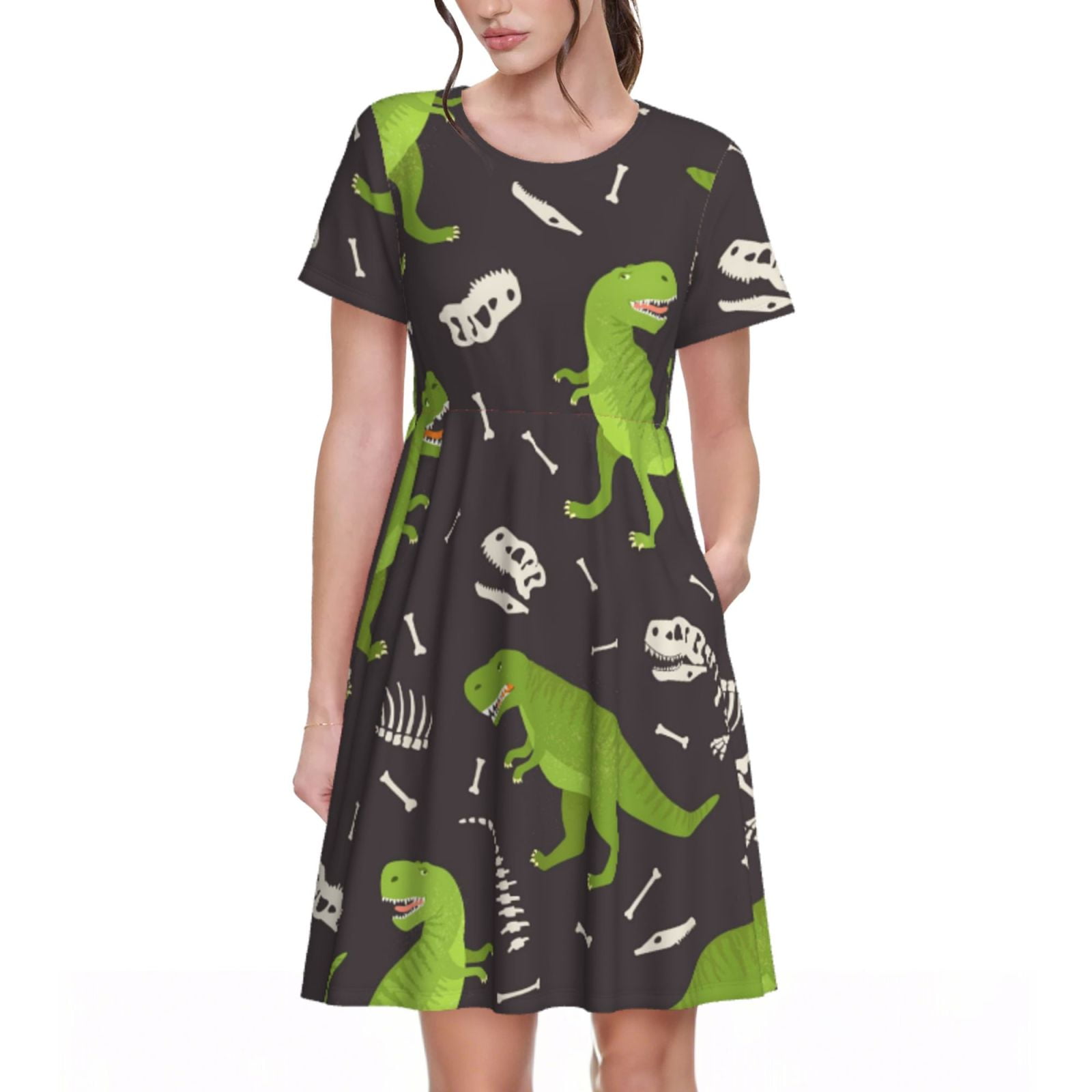 Derioi Dinosaur Skeleton for Summer Short Sleeve Swing Dresses with ...