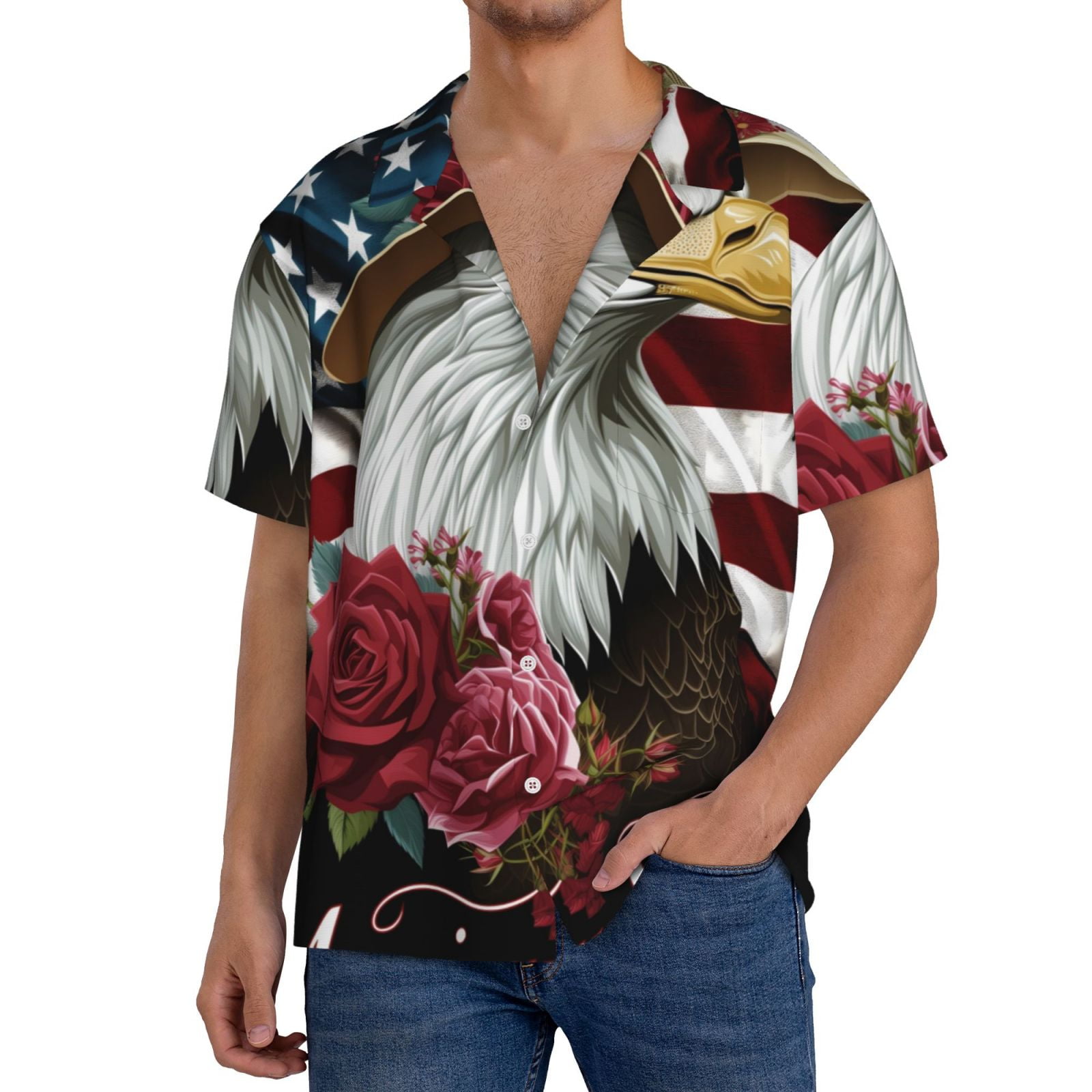 Derioi Eagle With Hat And Roses for Men's Cuban Collar Short Sleeve ...