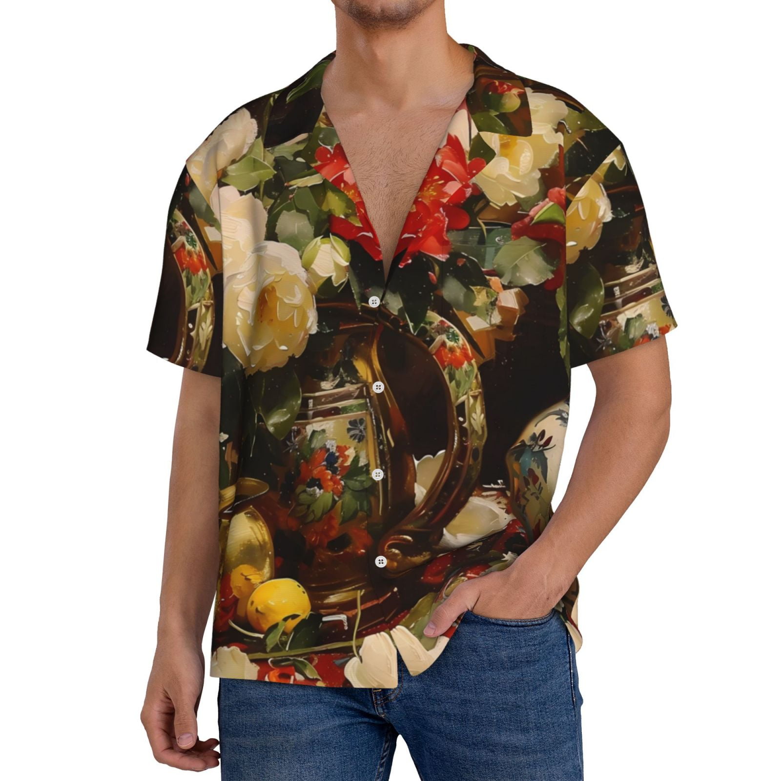 Derioi Elegant Still Life Roses for Men's Cuban Collar Short Sleeve ...