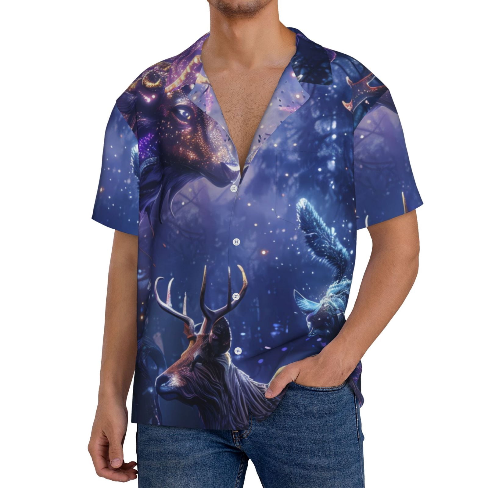 Derioi Enchanted Forest Stag Gathering for Men's Cuban Collar Short ...