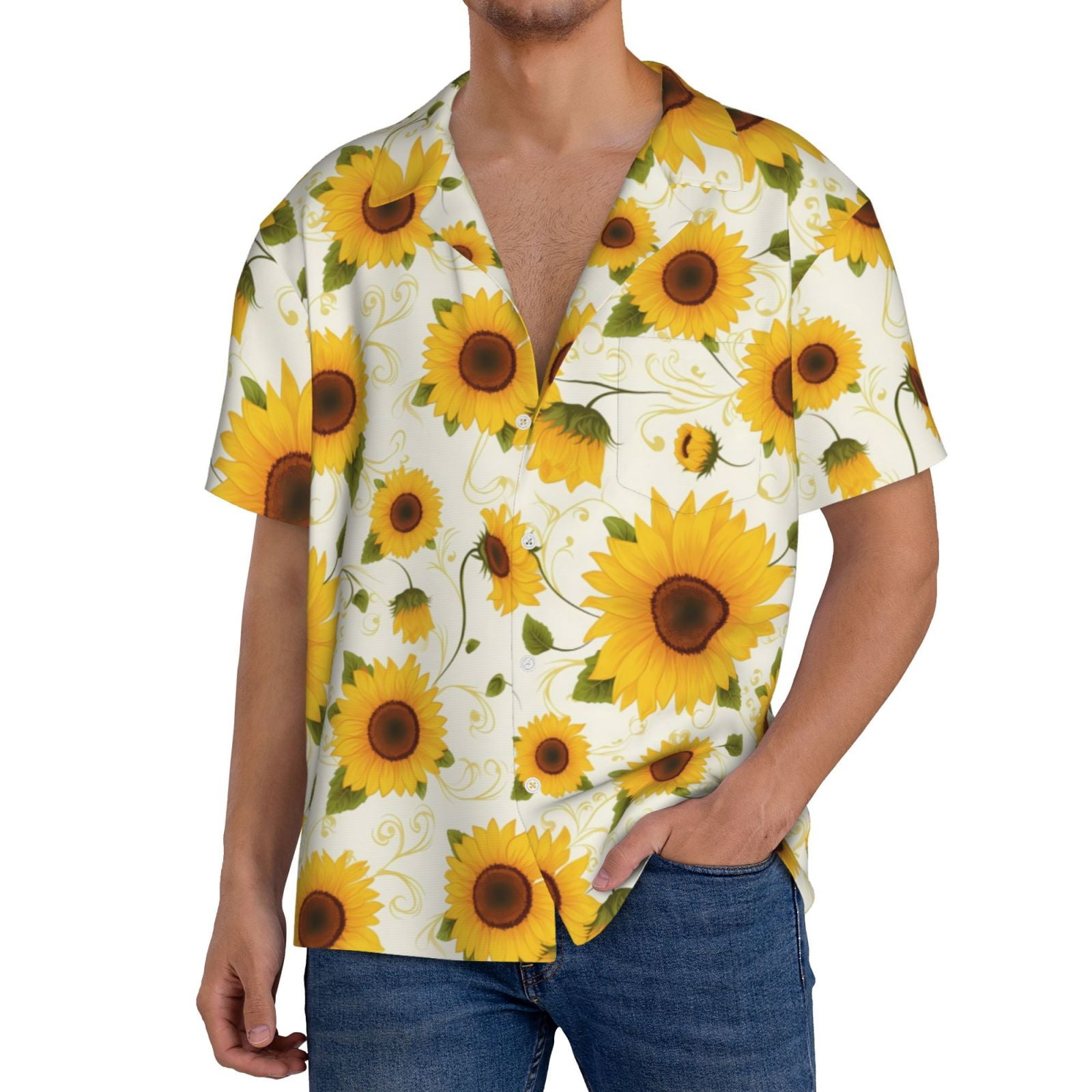 Derioi European-style Pattern Sunflower A for Men's Cuban Collar Short ...