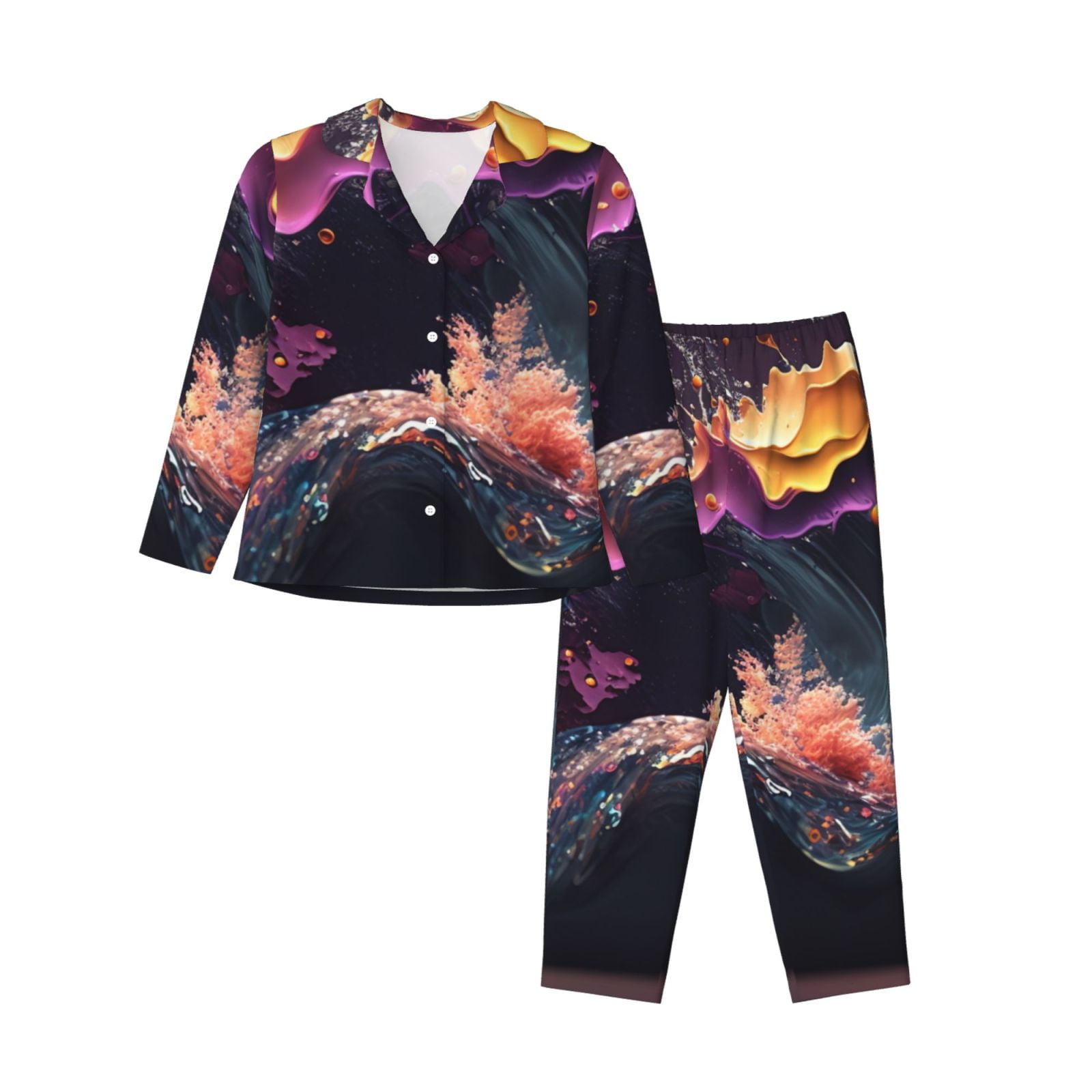 Derioi Explosive Fluid Splash Art for Button Up Pajamas for Women Women’s Sleepwear Pj Sets for ...