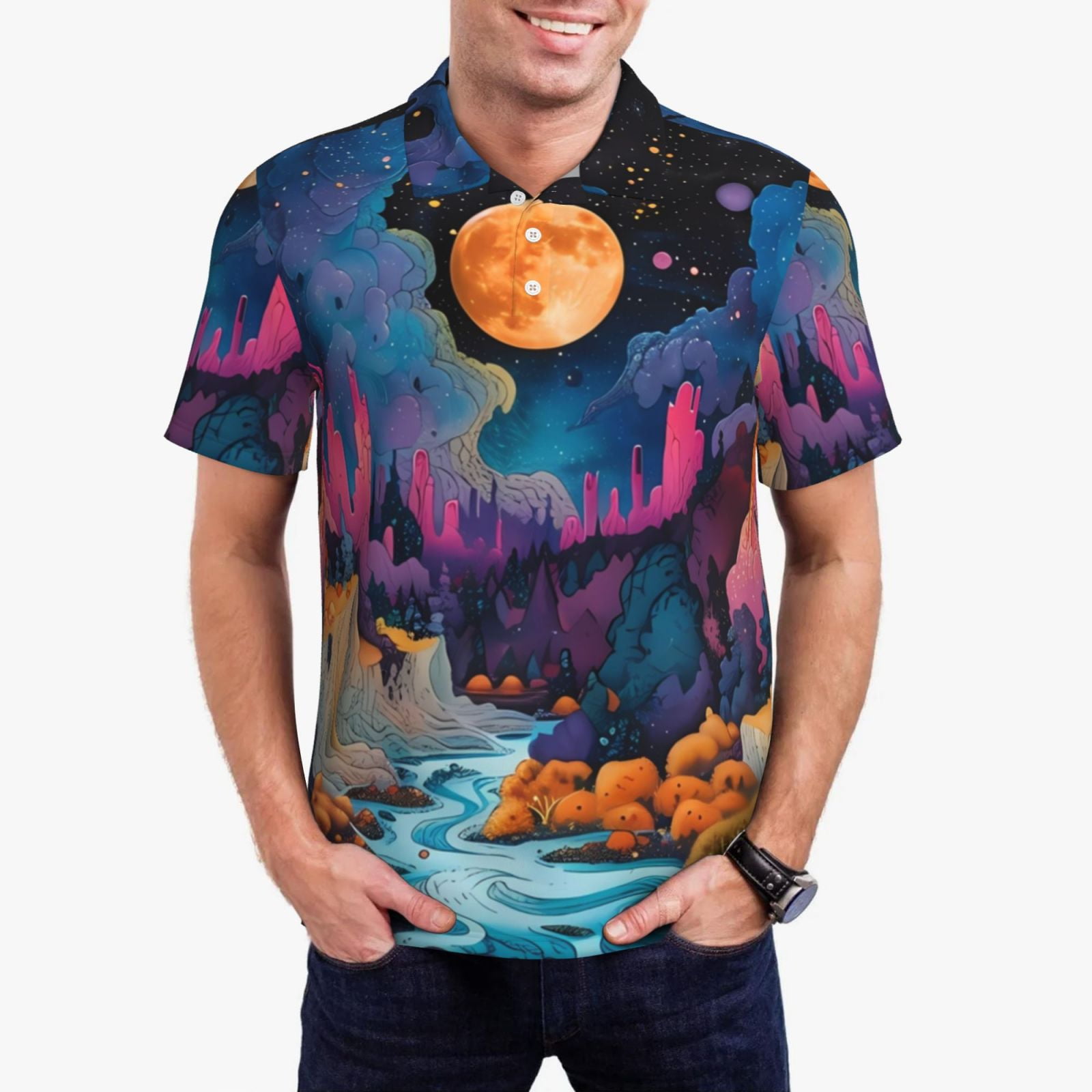 Derioi Fantasy Cosmic Landscape for Men's Polo Shirts Short Sleeve Golf ...