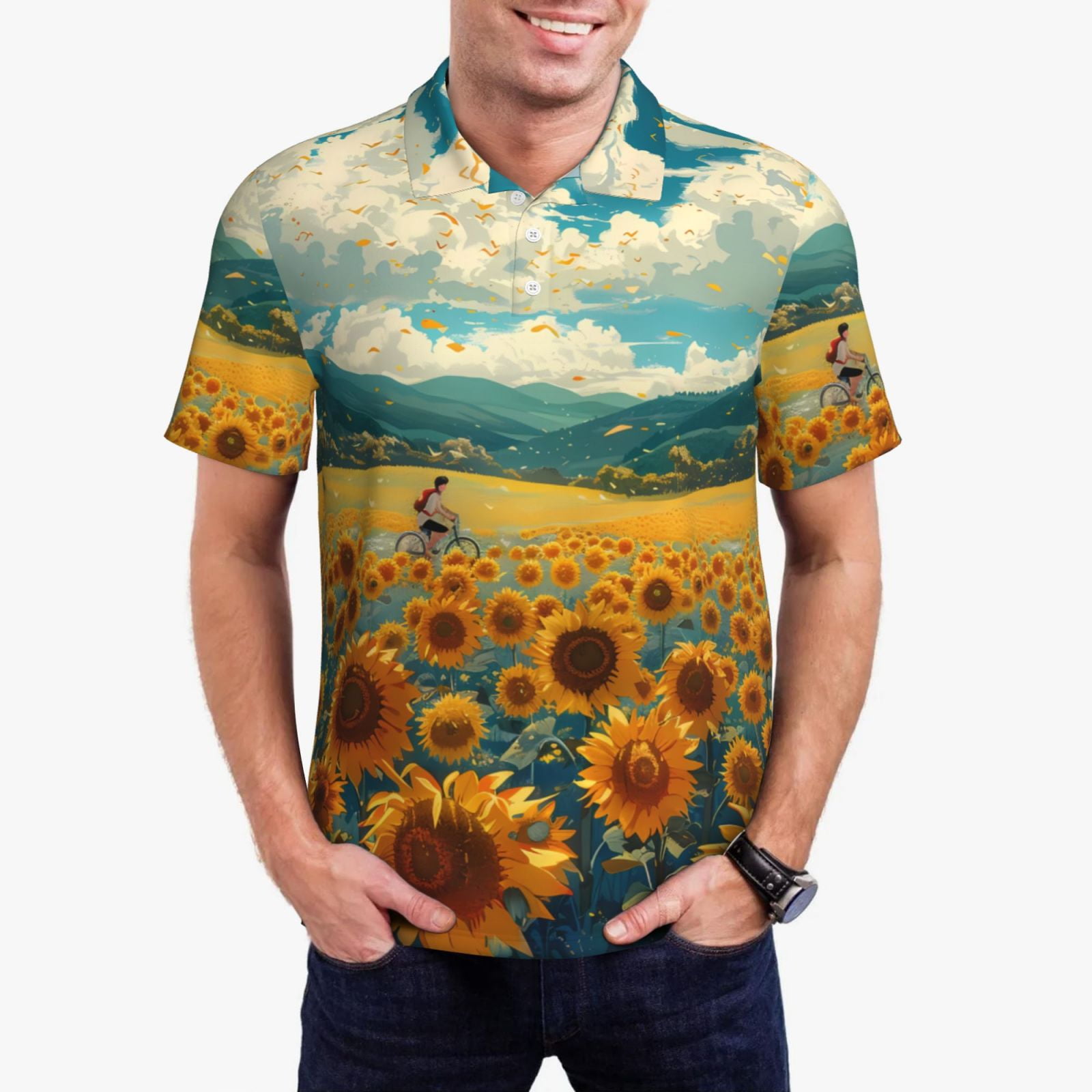 Derioi Field Style Bicycle Young Sunflower for Men's Polo Shirts Short ...