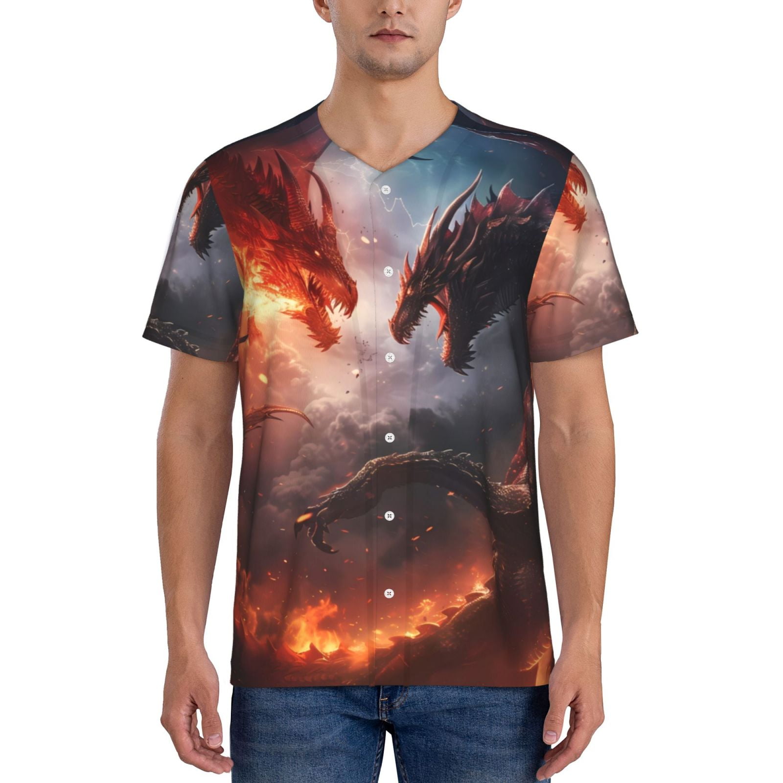 Derioi Fire Sky Dragon for Men's Baseball T-shirt Short Sleeves Button ...