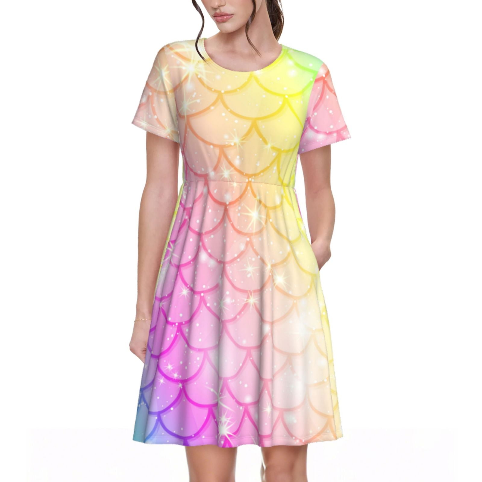 Derioi Fish Scale for Summer Short Sleeve Swing Dresses with Pockets ...