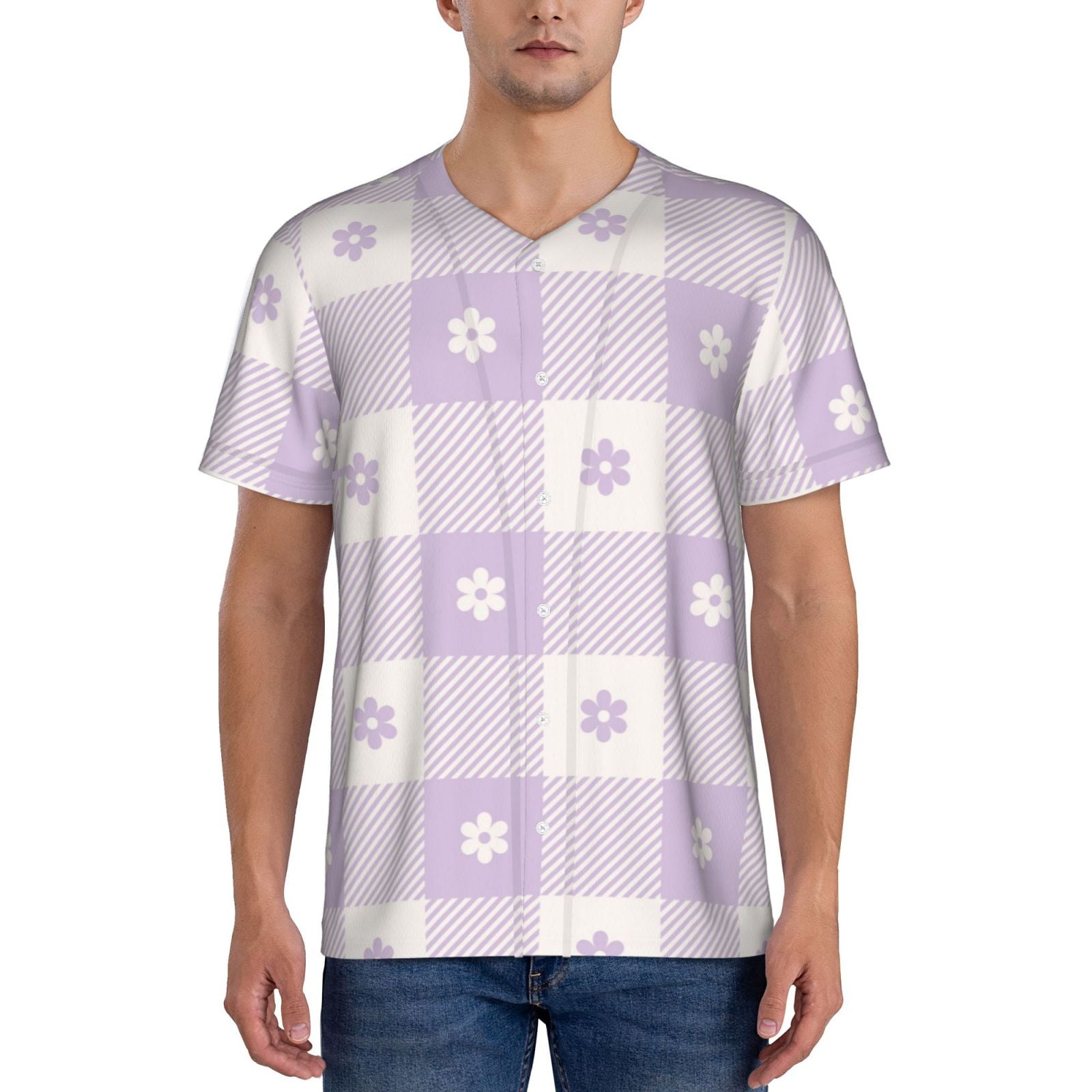 Derioi Floral Purple Buffalo Plaid for Men's Baseball T-shirt Short ...
