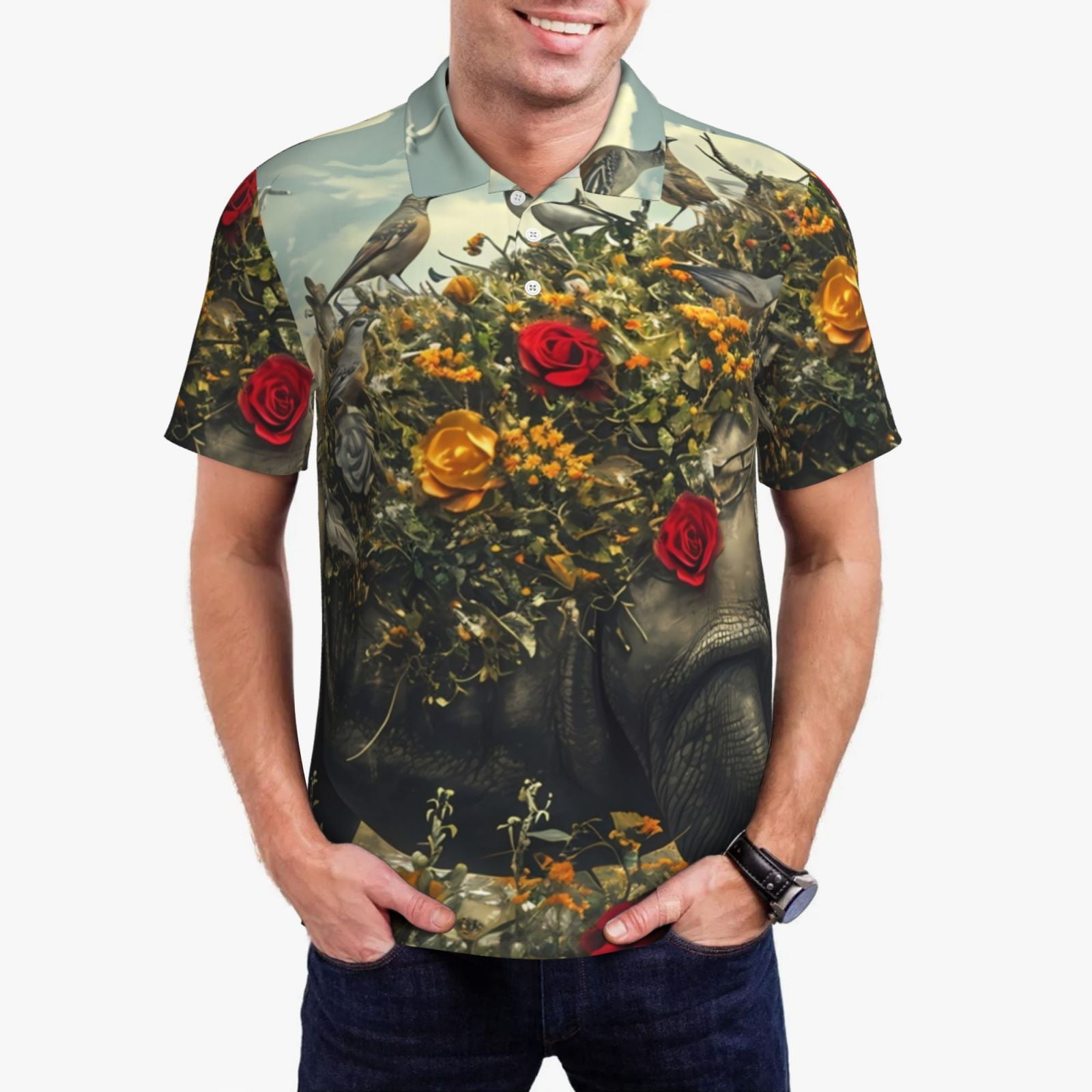 Derioi Floral Rhino With Birds for Men's Polo Shirts Short Sleeve Golf ...