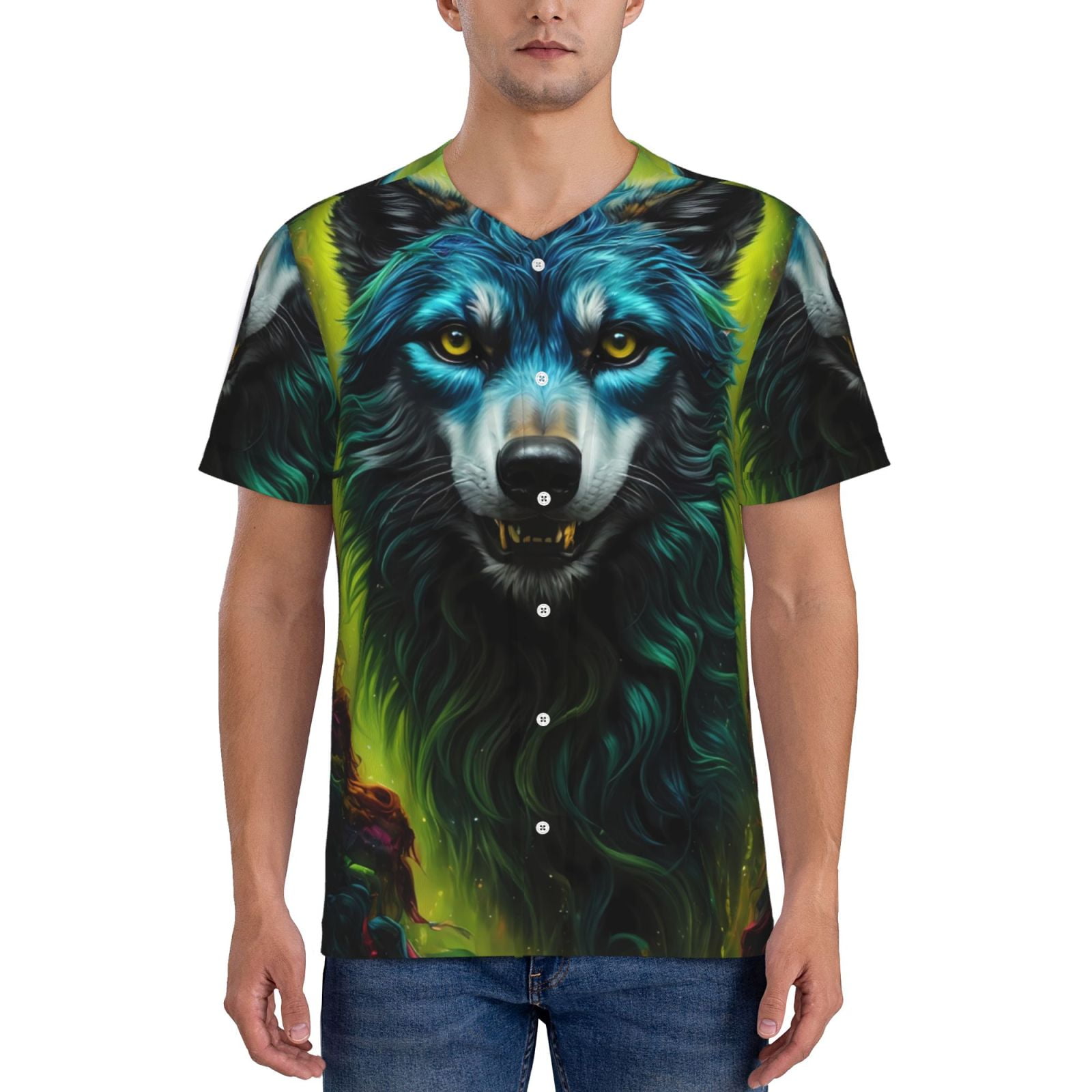 Derioi Fluorescent Wolf for Men's Baseball T-shirt Short Sleeves Button ...