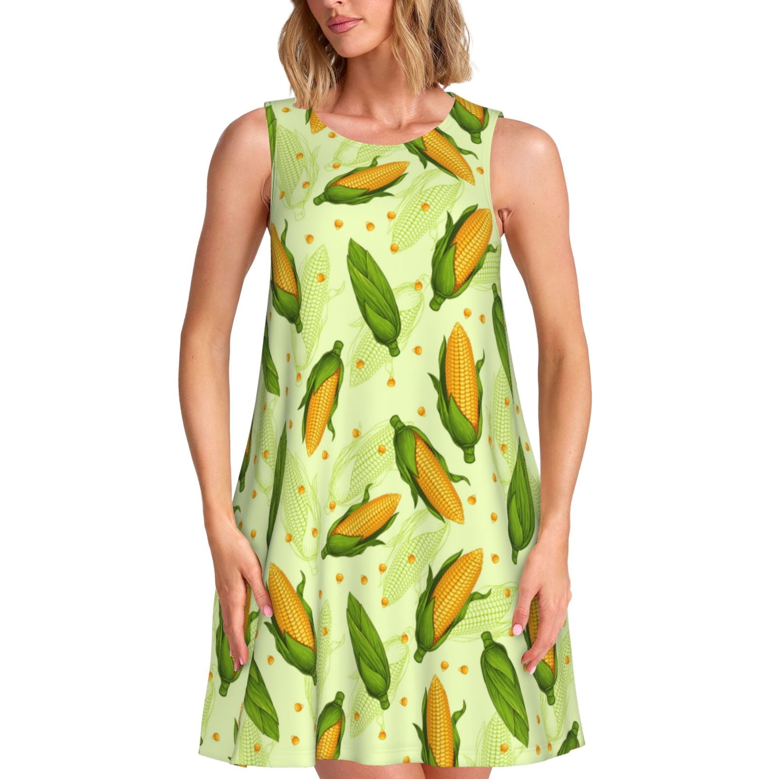 Derioi Fresh Corn For Summer Sleeveless Swing Dresses with Pockets ...