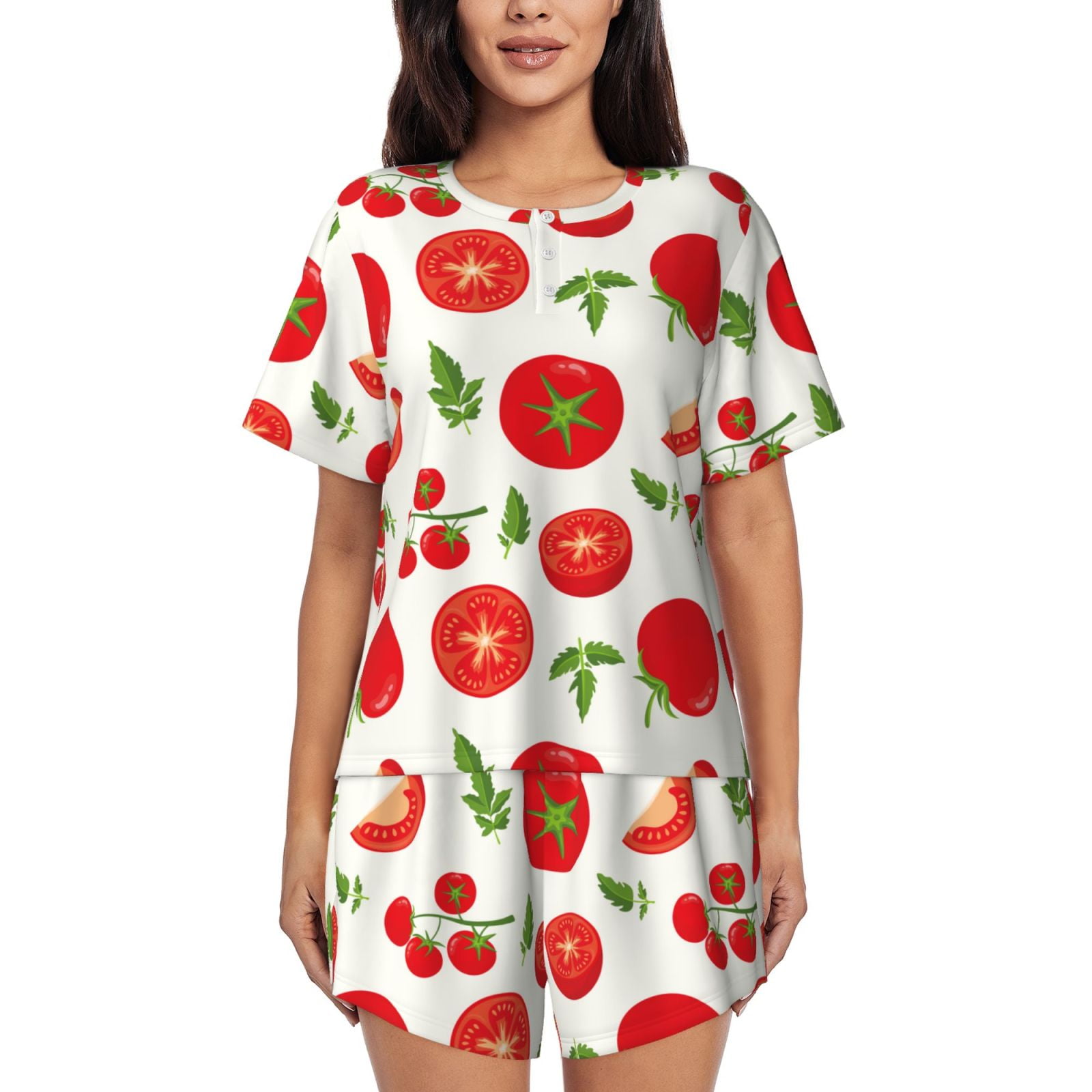Derioi Fresh Red Tomato for Women's Short-Sleeved Pajama 2 Piece Shorts ...