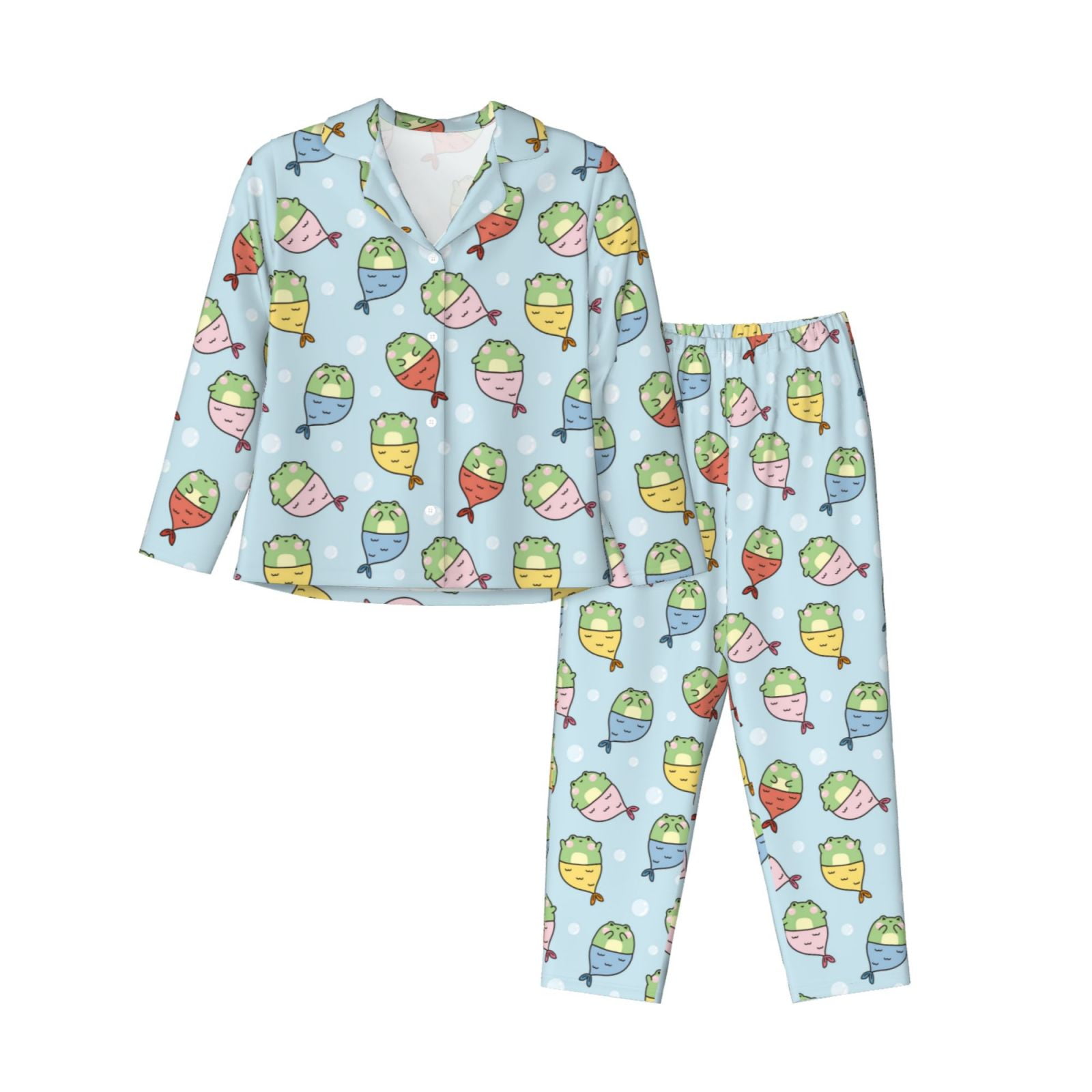 Derioi Frog In Mermaid for Button Up Pajamas for Women Women’s Sleepwear Pj Sets for Woman-Large ...