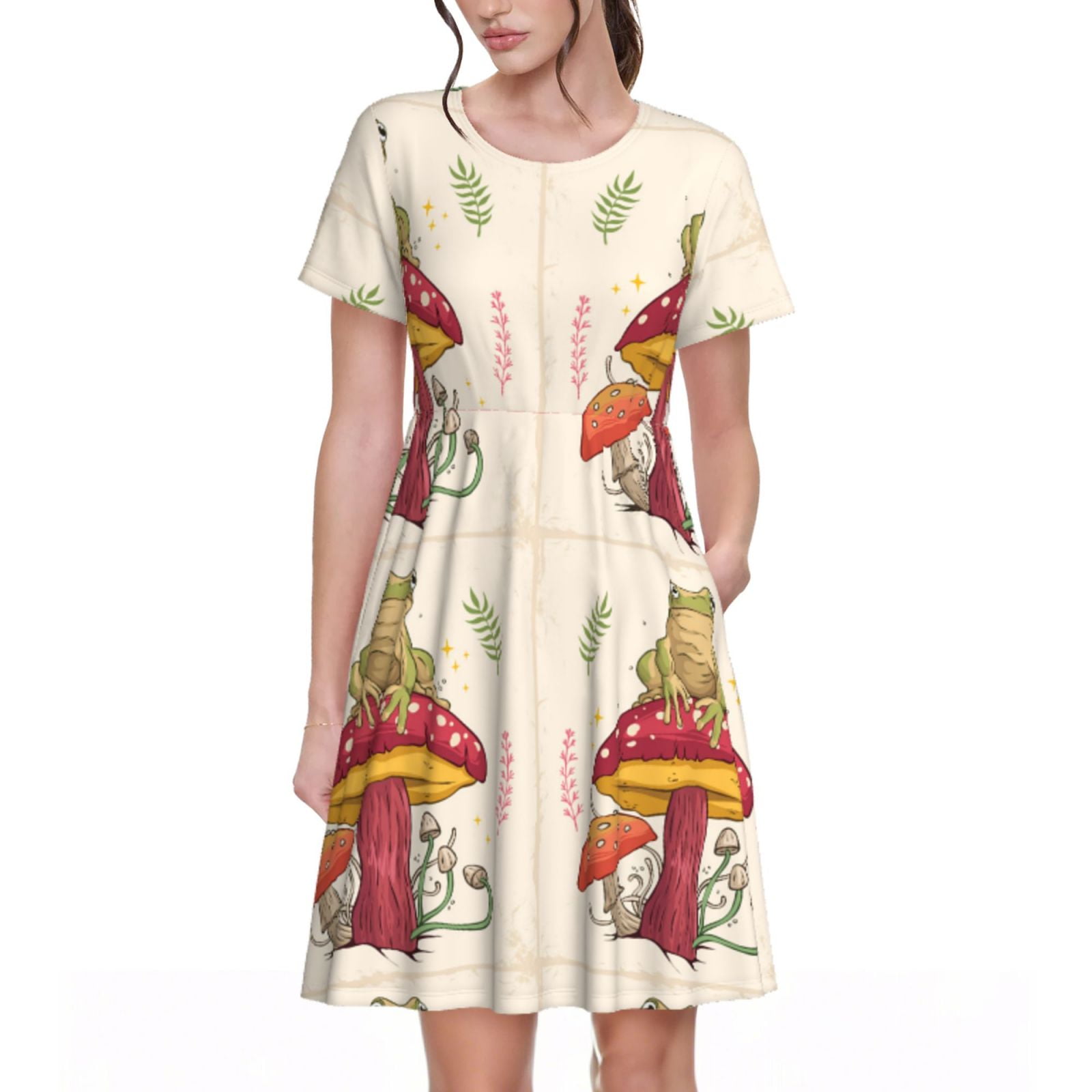 Derioi Frog Sitting On Mushroom for Summer Short Sleeve Swing Dresses ...