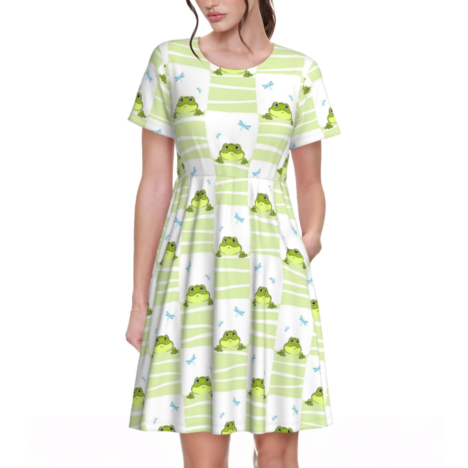 Derioi Frogs and Dragonflies for Summer Short Sleeve Swing Dresses with ...