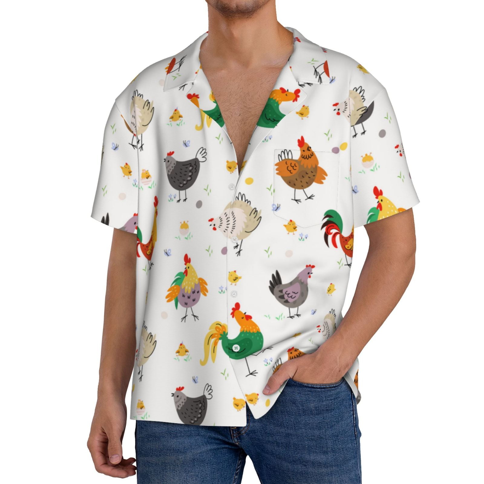 Derioi Funny Chicken for Men's Cuban Collar Short Sleeve Casual Button ...