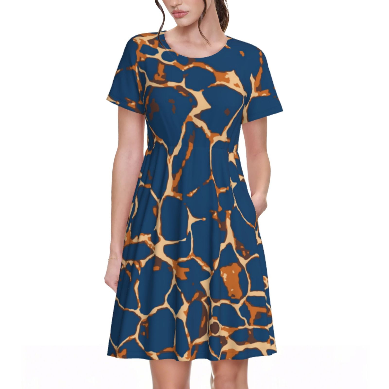 Derioi Giraffe Skin for Summer Short Sleeve Swing Dresses with Pockets ...