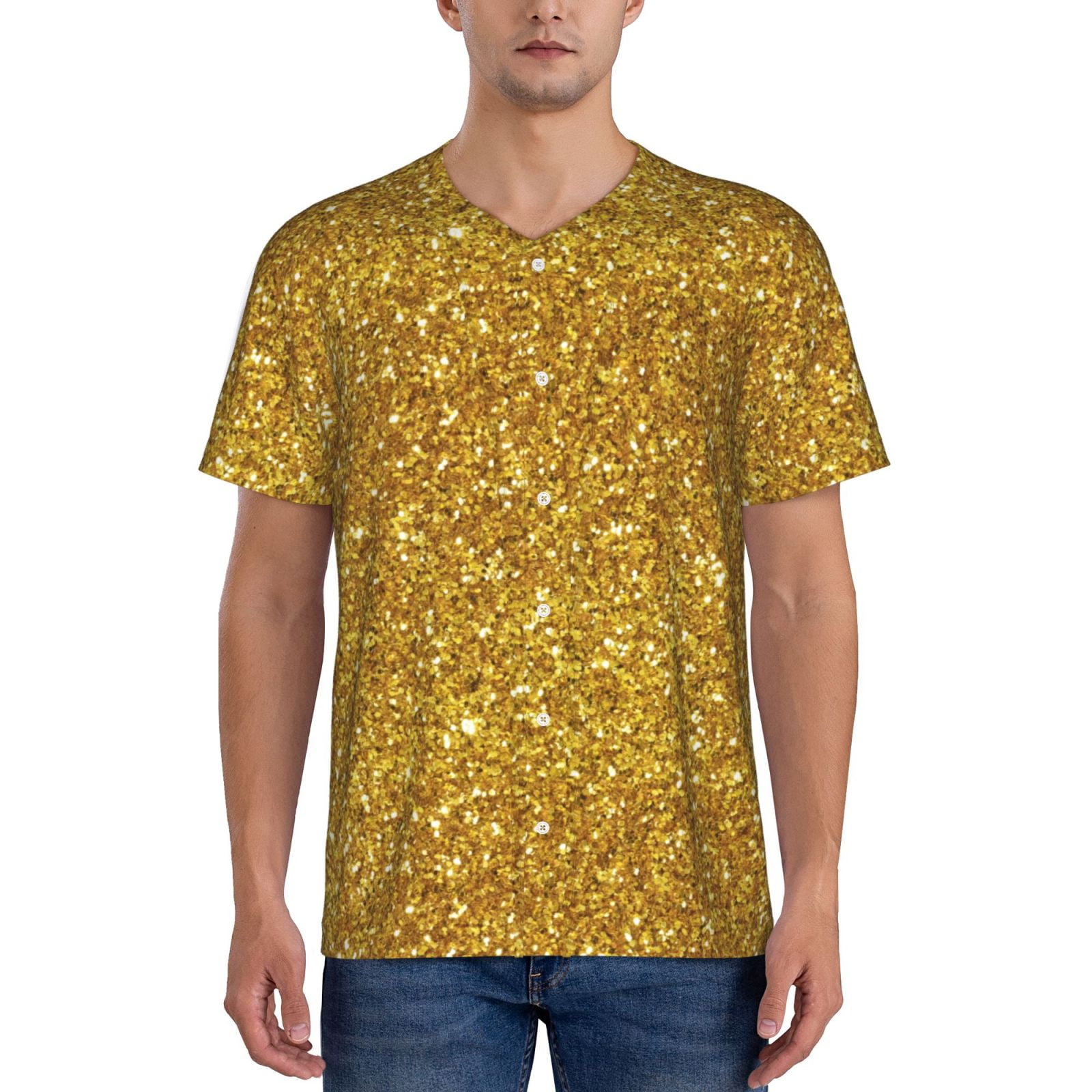 Derioi Gold Glitter for Men's Baseball T-shirt Short Sleeves Button ...