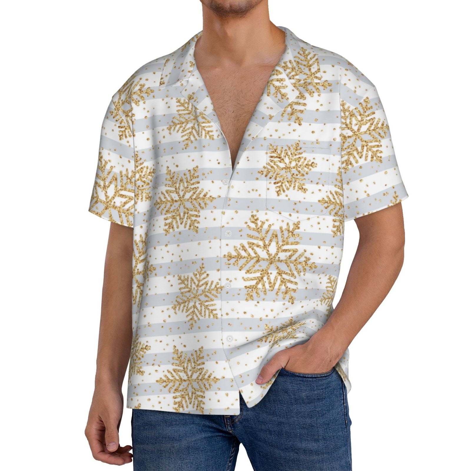 Derioi Gold Snowflake for Men's Cuban Collar Short Sleeve Casual Button ...