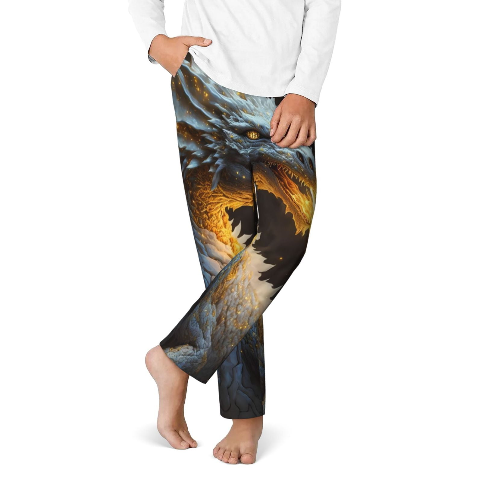 Derioi Golden White Fire Dragon for Pajama Pants Men Elastic Waistband ...