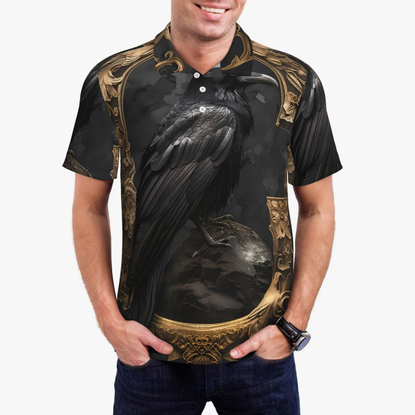 Derioi Gothic Raven Portrait for Men's Polo Shirts Short Sleeve Golf ...