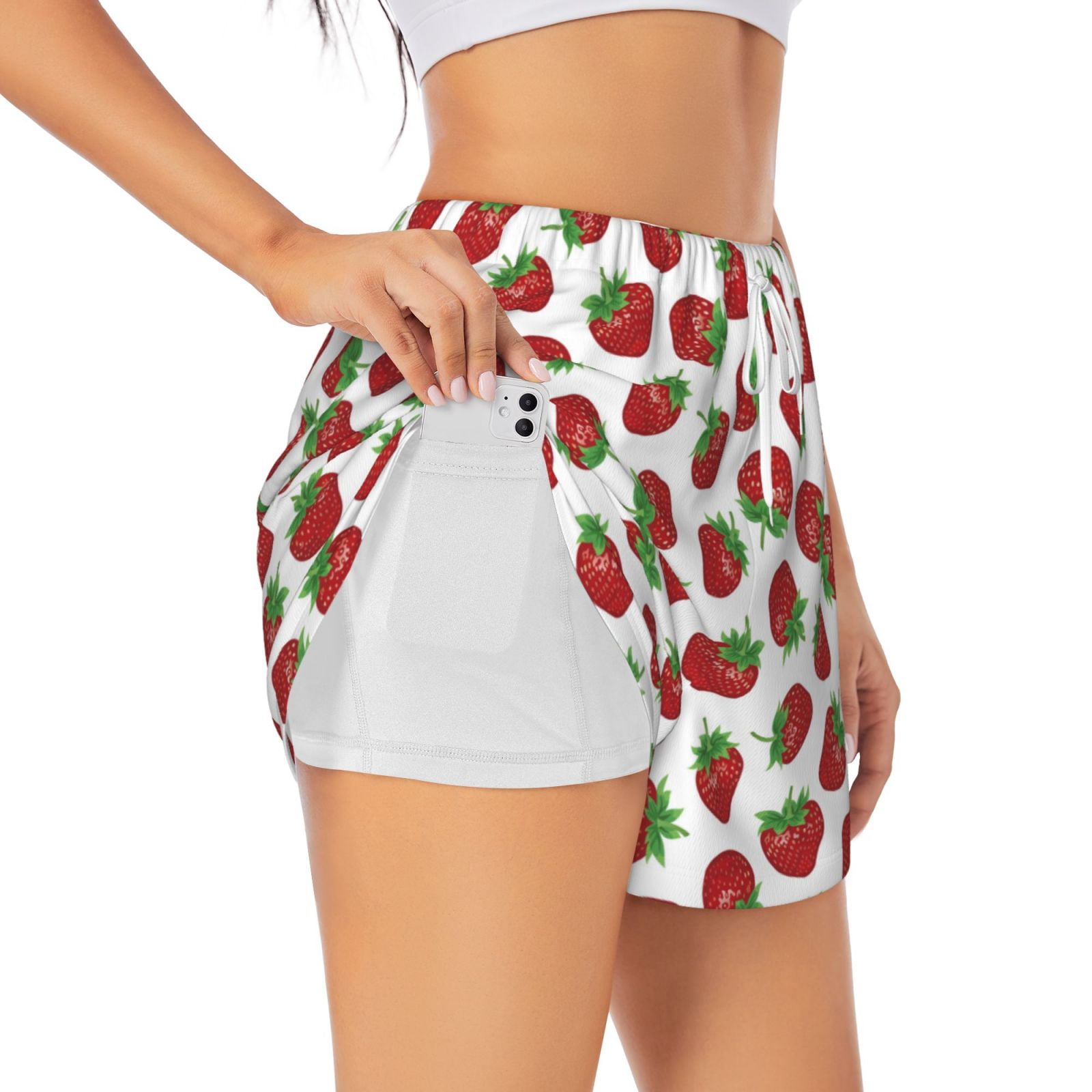 Derioi Hand Drawn Strawberry for Women's Double Layer Sports Shorts ...