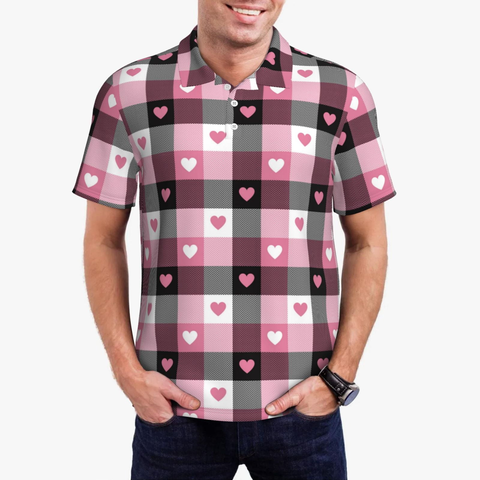 Derioi Heart Plaid for Men's Polo Shirts Short Sleeve Golf Shirt for ...