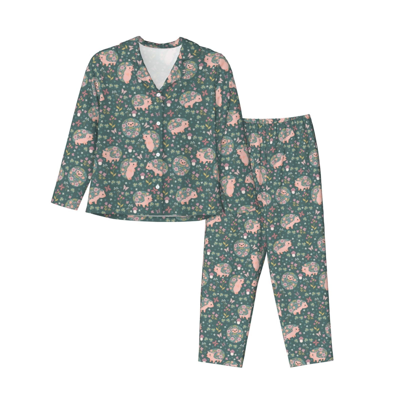 Derioi Hedgehogs and Flowers for Button Up Pajamas for Women Women’s ...