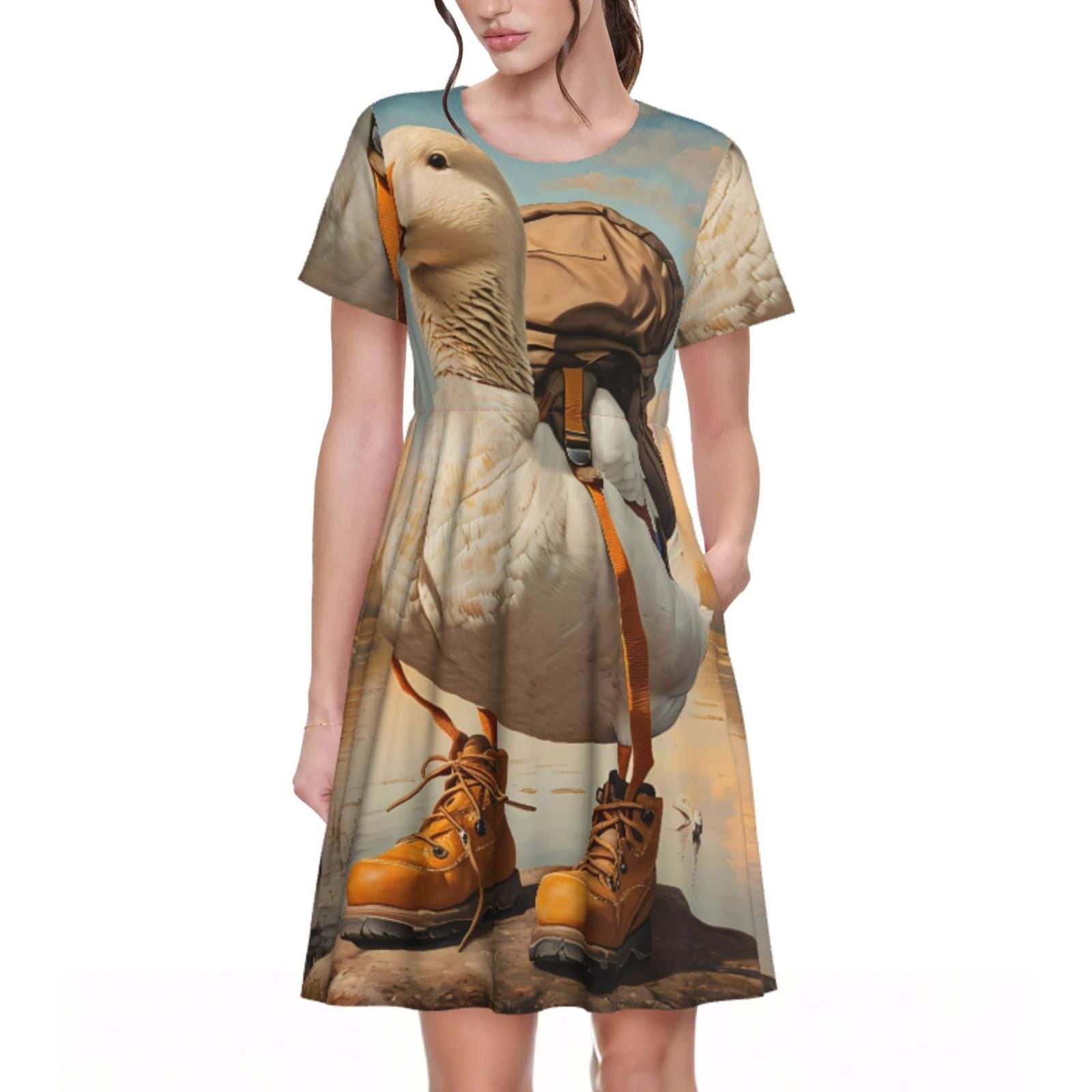 Derioi Hiking Duck for Summer Short Sleeve Swing Dresses with Pockets ...