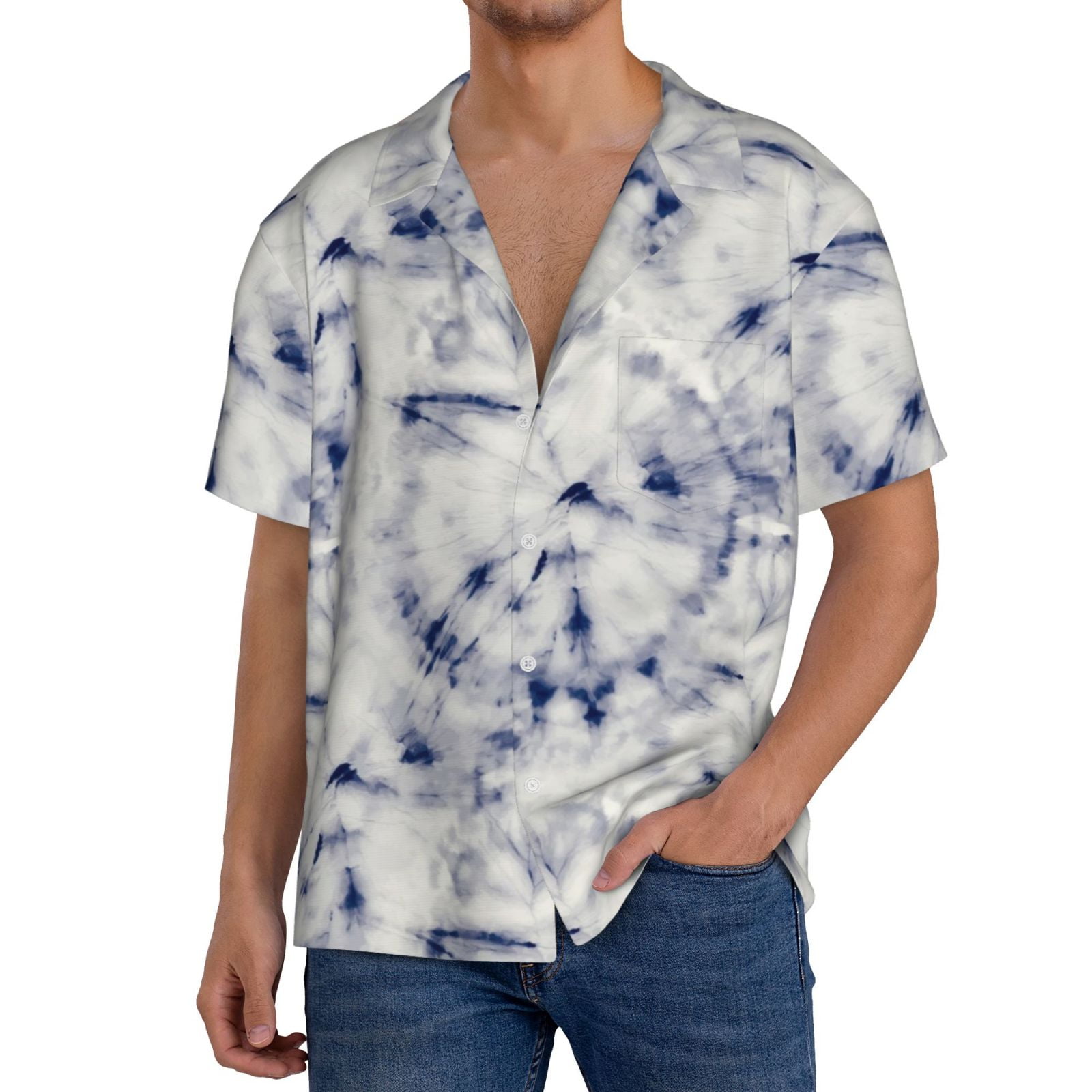 Derioi Indigo Tie Dye for Men's Cuban Collar Short Sleeve Casual Button ...