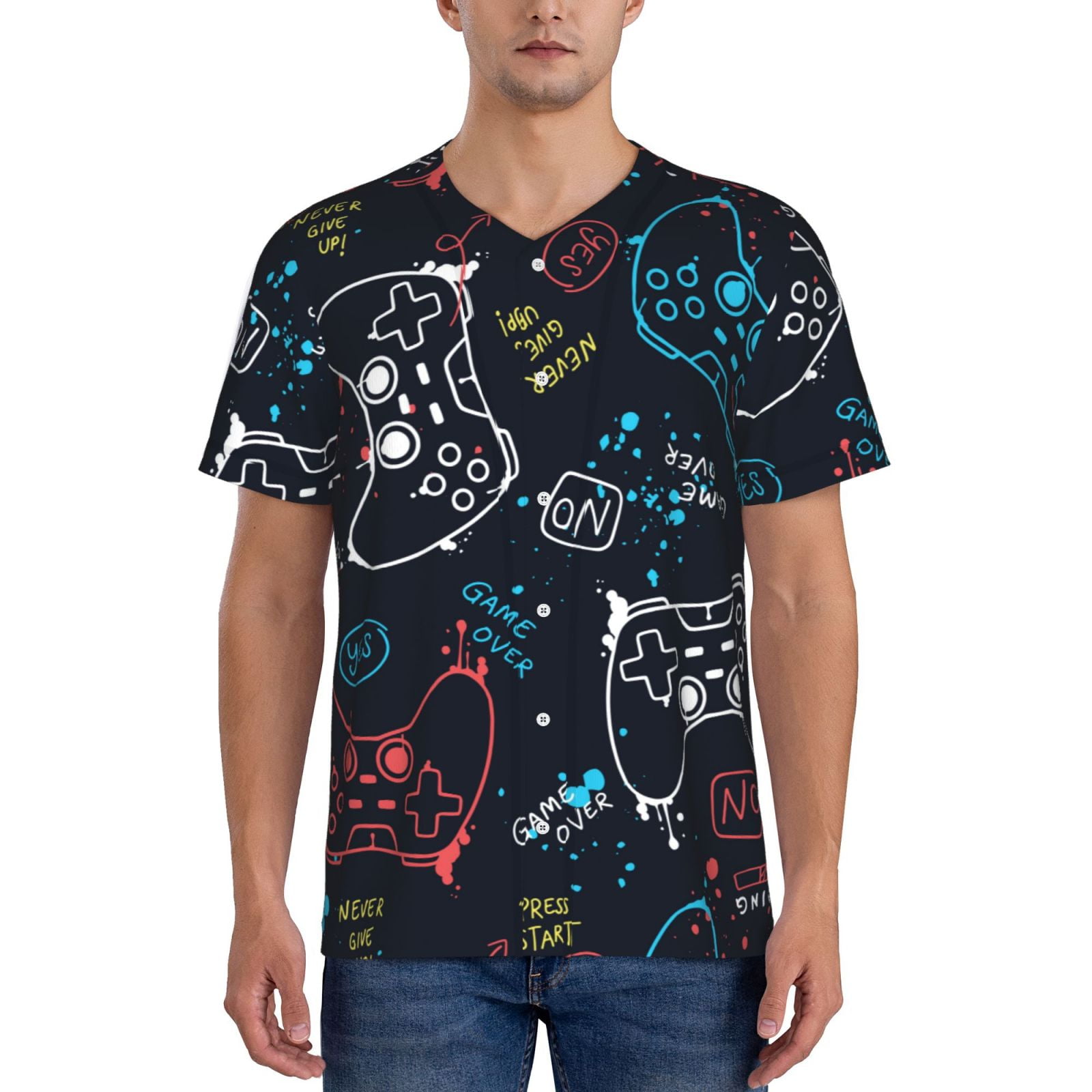 Derioi Joystick Gamepad for Men's Baseball T-shirt Short Sleeves Button ...