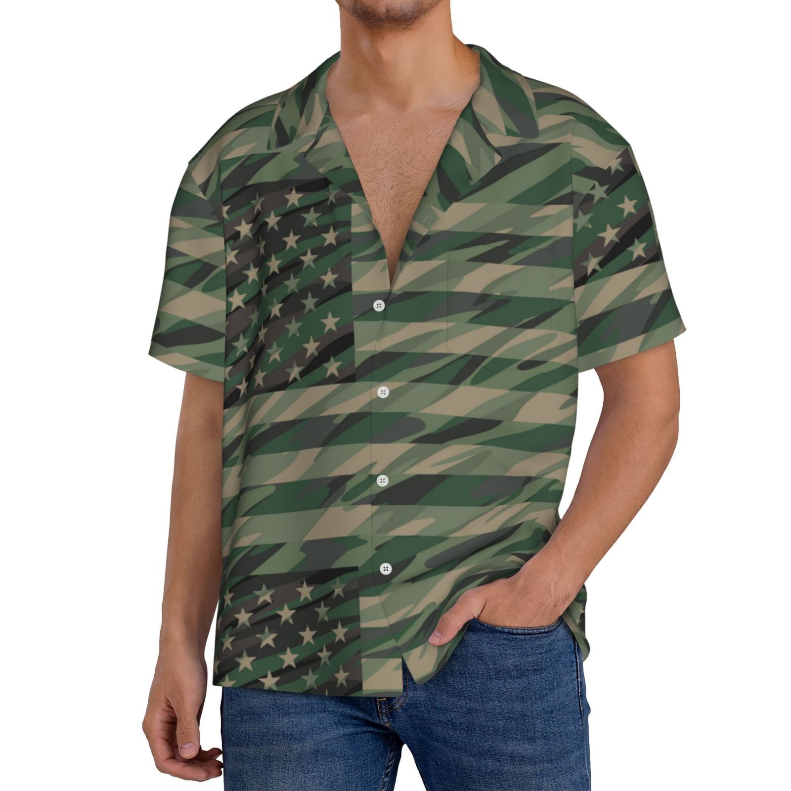 Derioi Jungle Green Camo USA Flag for Men's Cuban Collar Short Sleeve ...