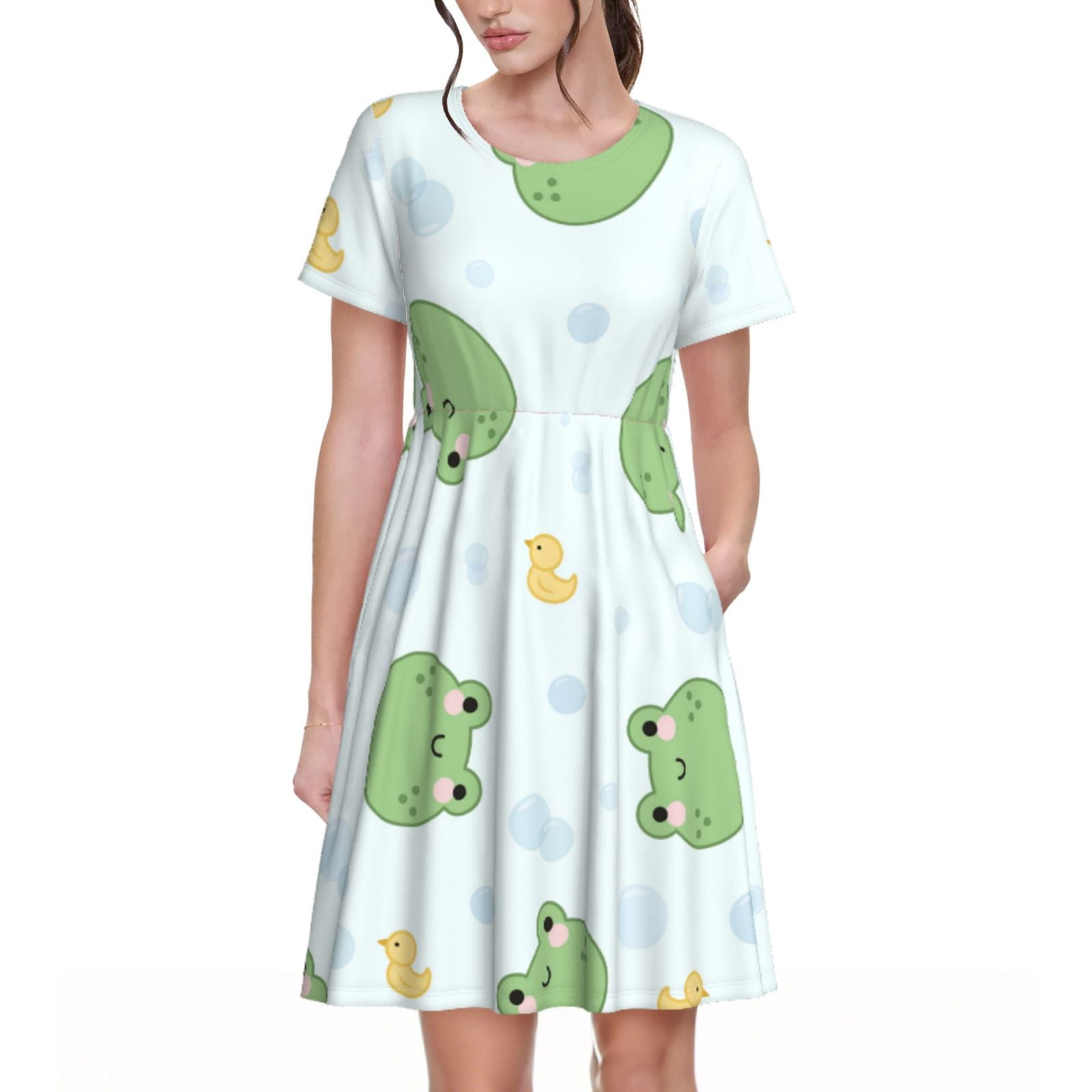 Derioi Kawaii Frogs for Summer Short Sleeve Swing Dresses with Pockets ...