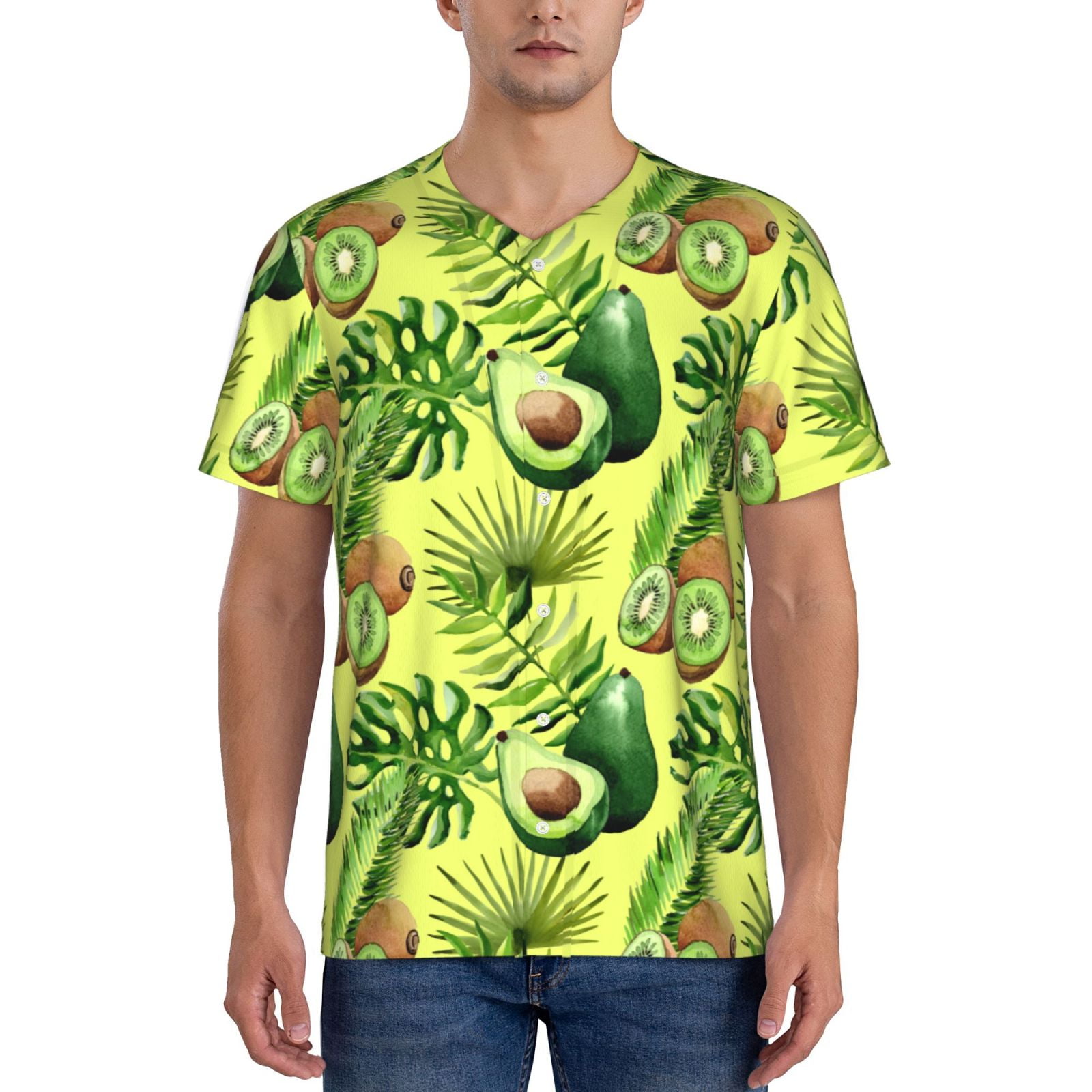 Derioi Kiwi and Avocado for Men's Baseball T-shirt Short Sleeves Button ...