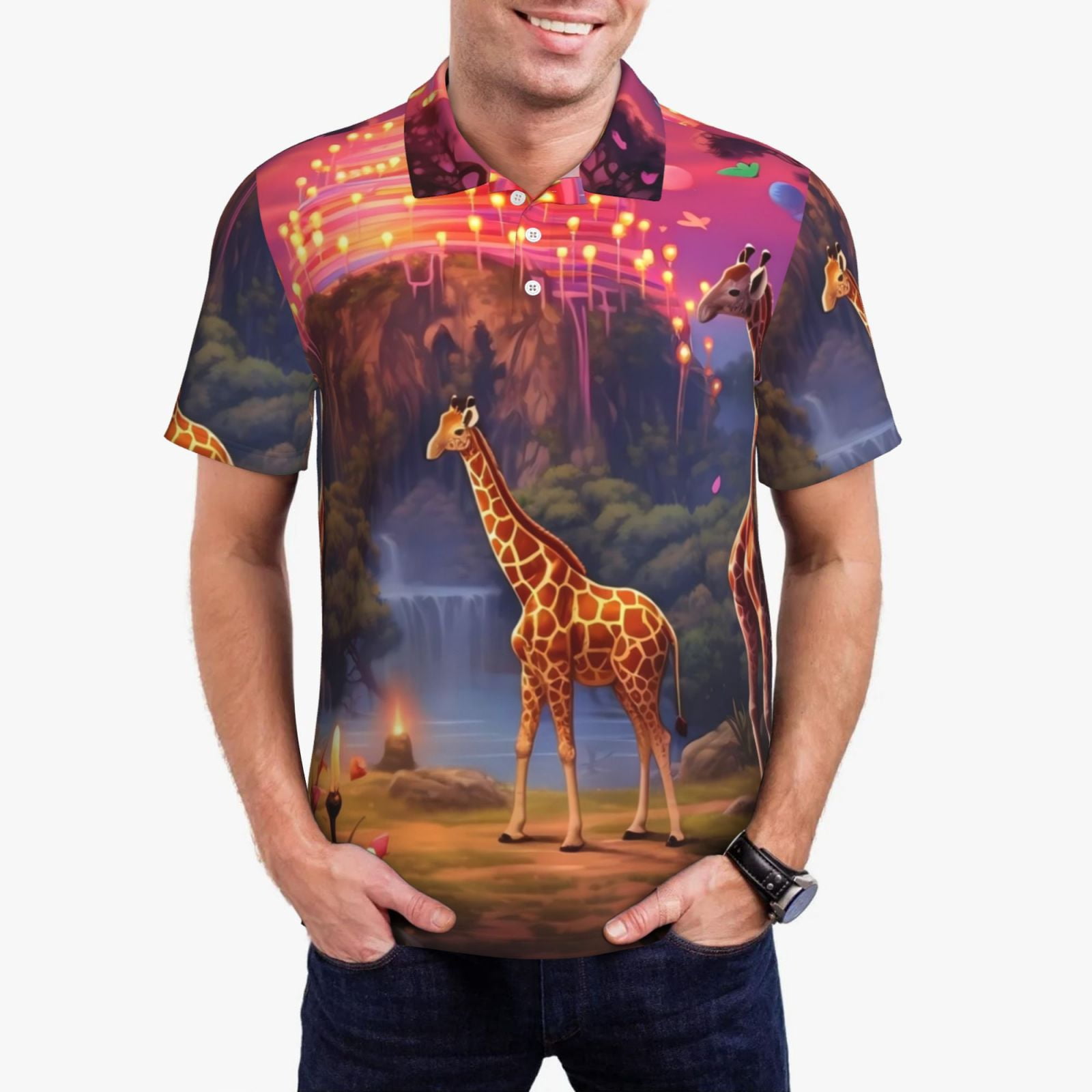 Derioi Lantern Giraffes Magical Forest for Men's Polo Shirts Short ...