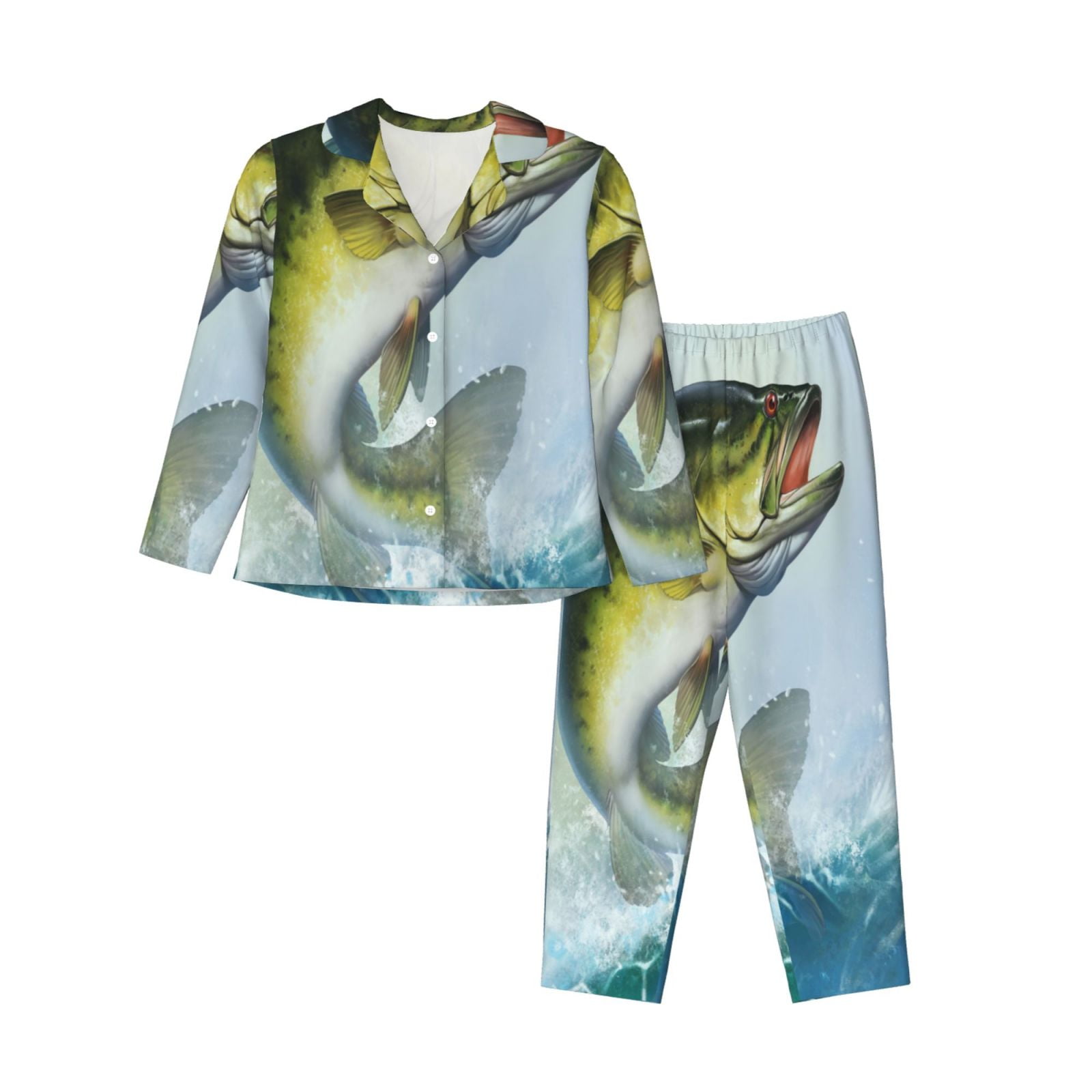 Derioi Largemouth Bass jumps out of water for Button Up Pajamas for Women Women’s Sleepwear Pj ...