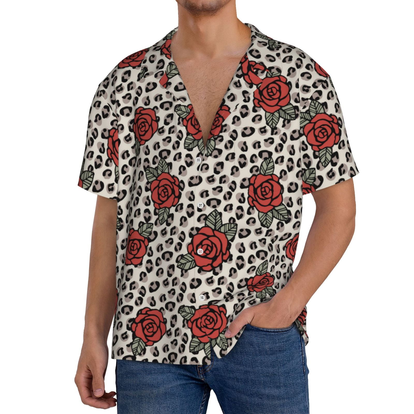 Derioi Leopard Print Rose for Men's Cuban Collar Short Sleeve Casual ...