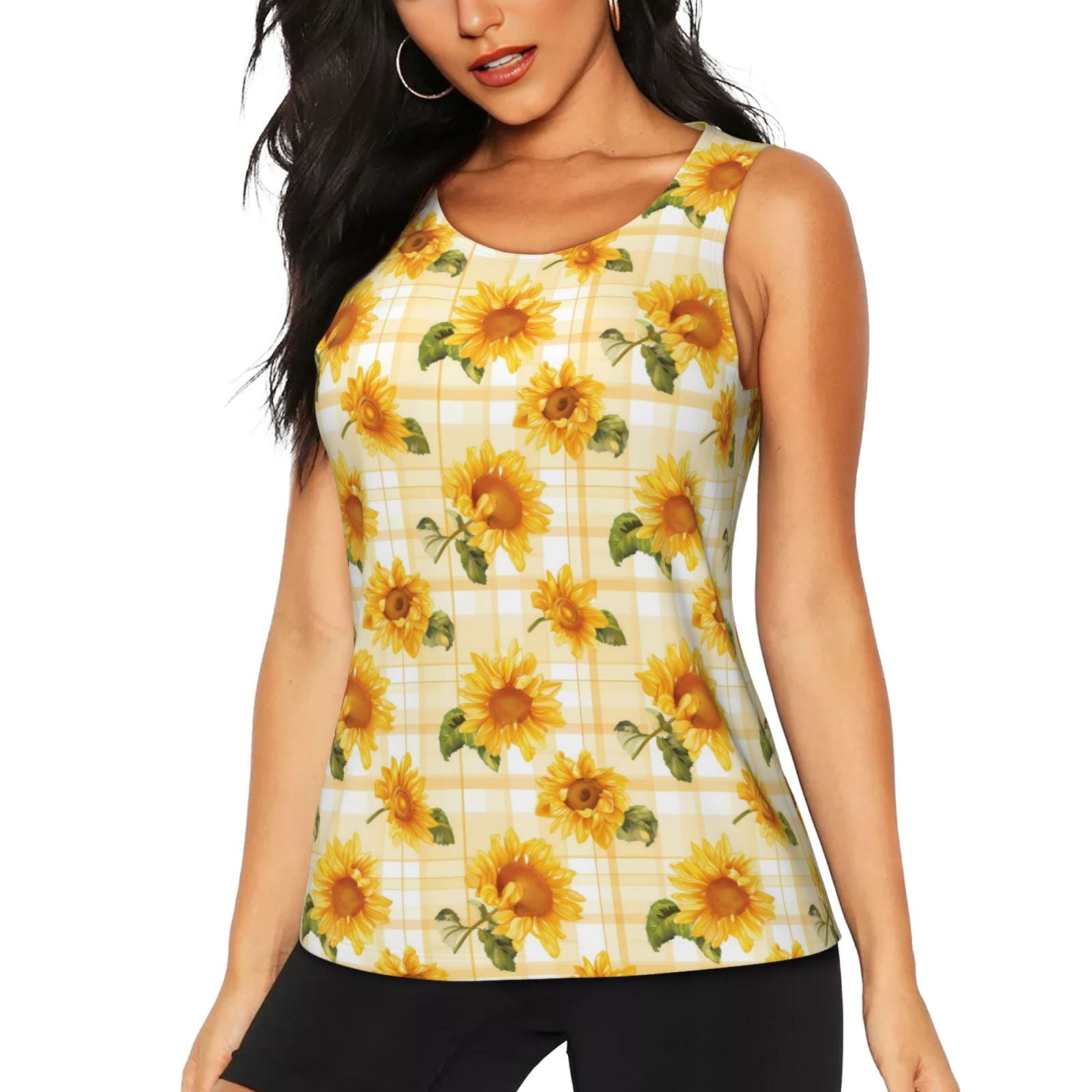Derioi Light Yellow Plaid Sunflower for Workout Tops for Women Scoop ...