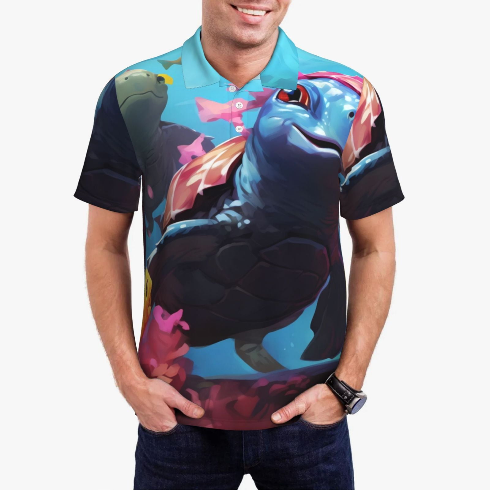 Derioi Lively Cute Turtle for Men's Polo Shirts Short Sleeve Golf Shirt ...