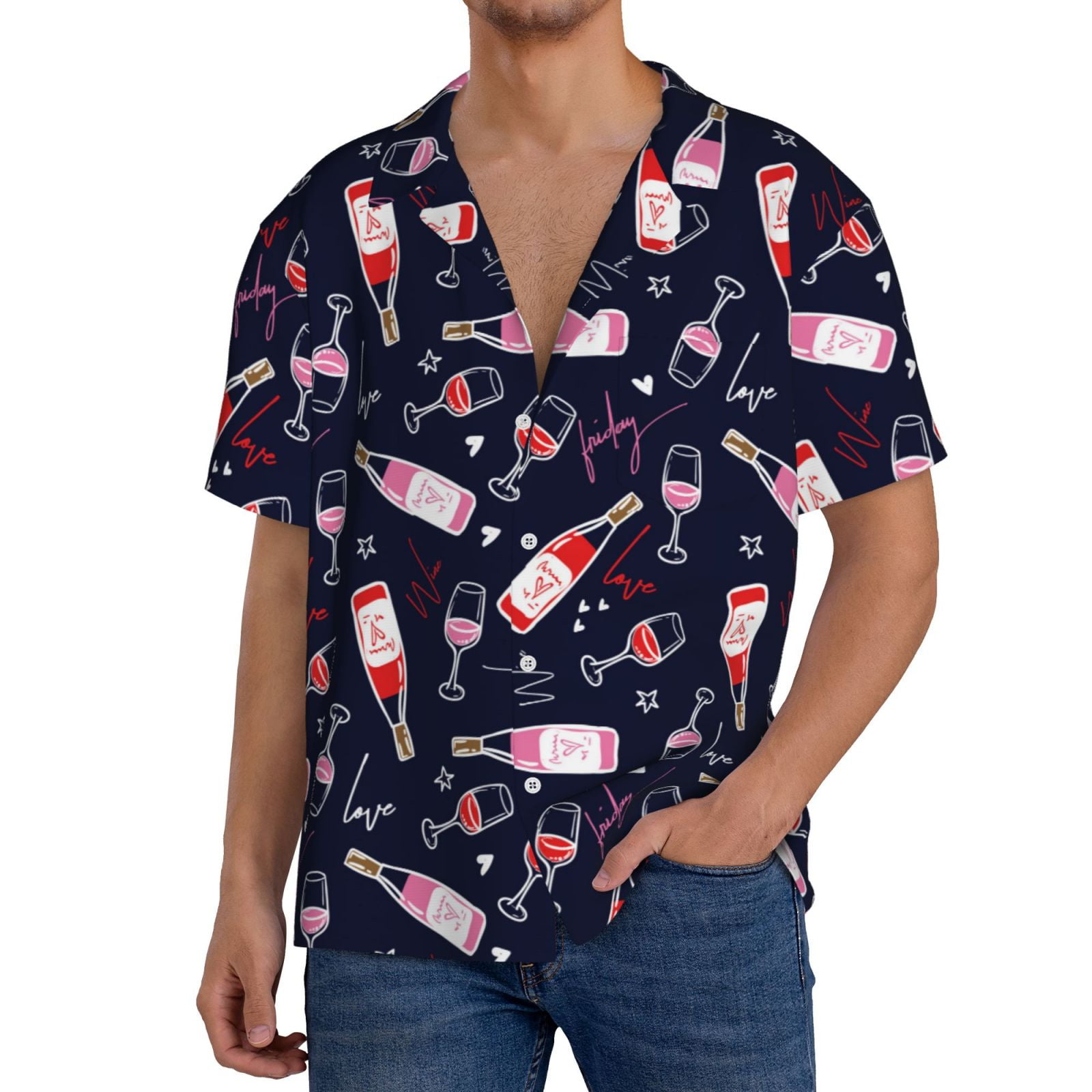 Derioi Love Wine for Men's Cuban Collar Short Sleeve Casual Button Down ...
