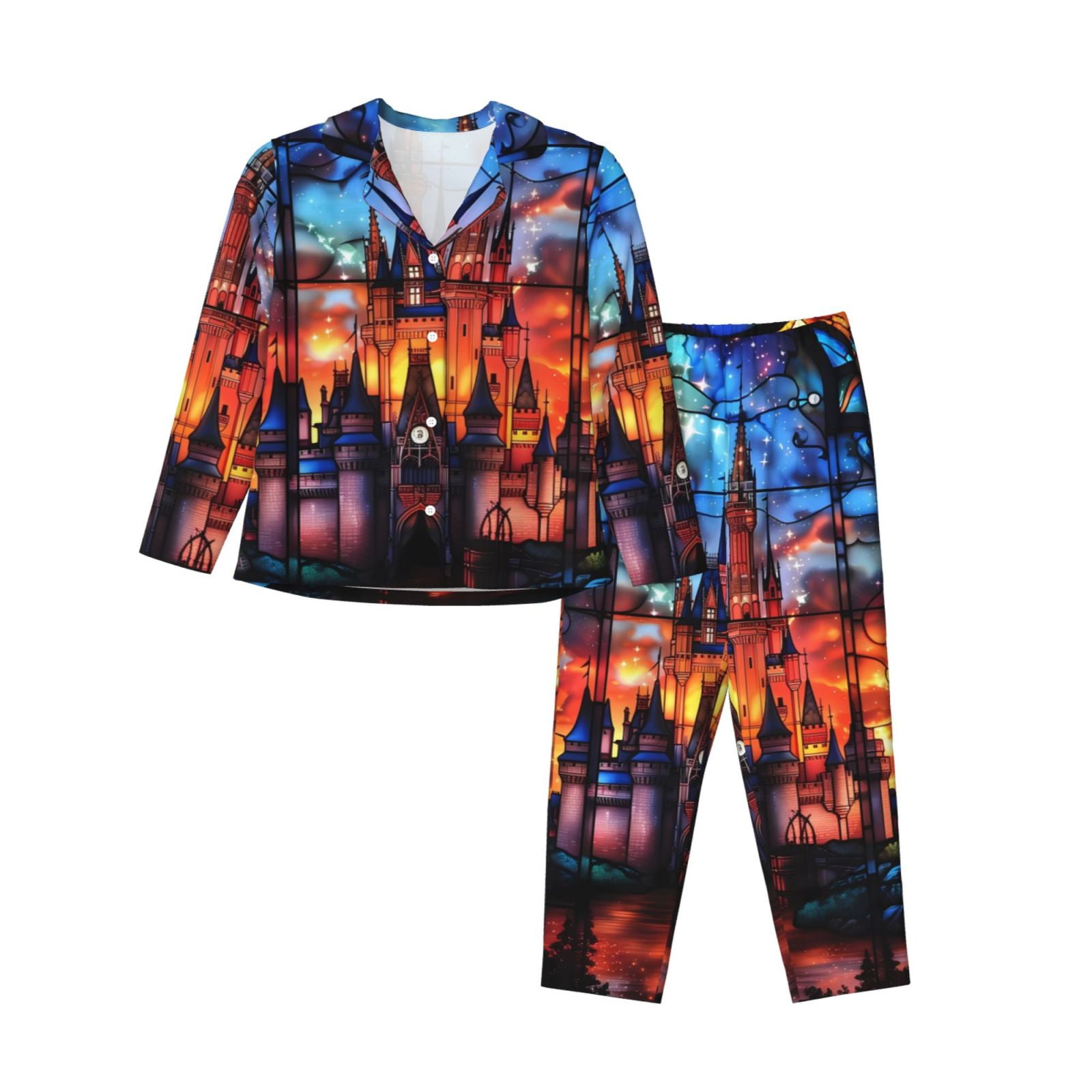 Derioi Magical Stained Glass Castle for Button Up Pajamas for Women ...