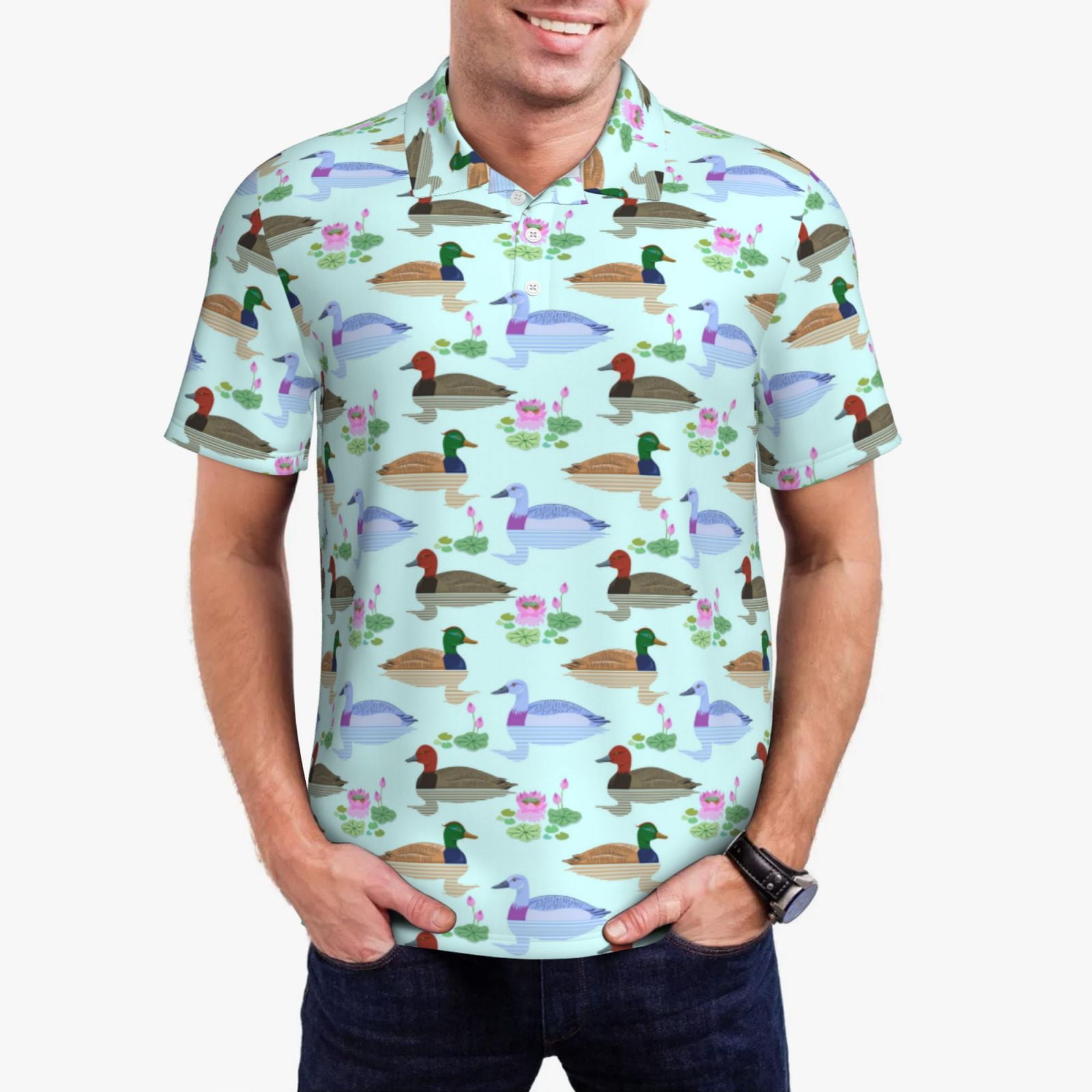 Derioi Mallard Duck Of Lotus Flowers for Men's Polo Shirts Short Sleeve ...