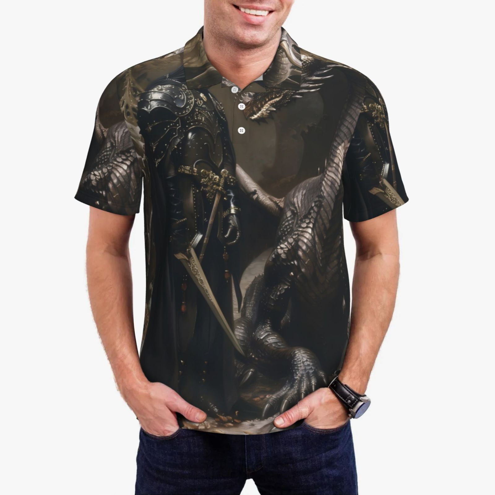 Derioi Medieval Knight And Dragon for Men's Polo Shirts Short Sleeve ...