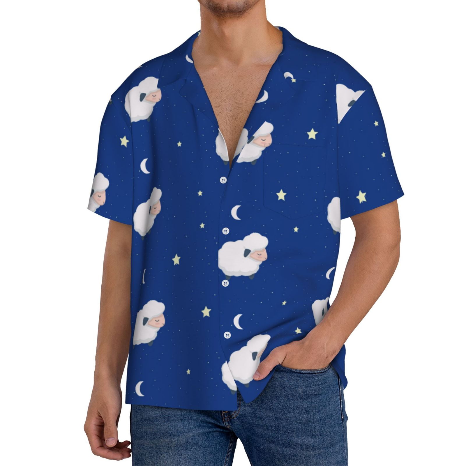 Derioi Moon Lamb for Men's Cuban Collar Short Sleeve Casual Button Down ...