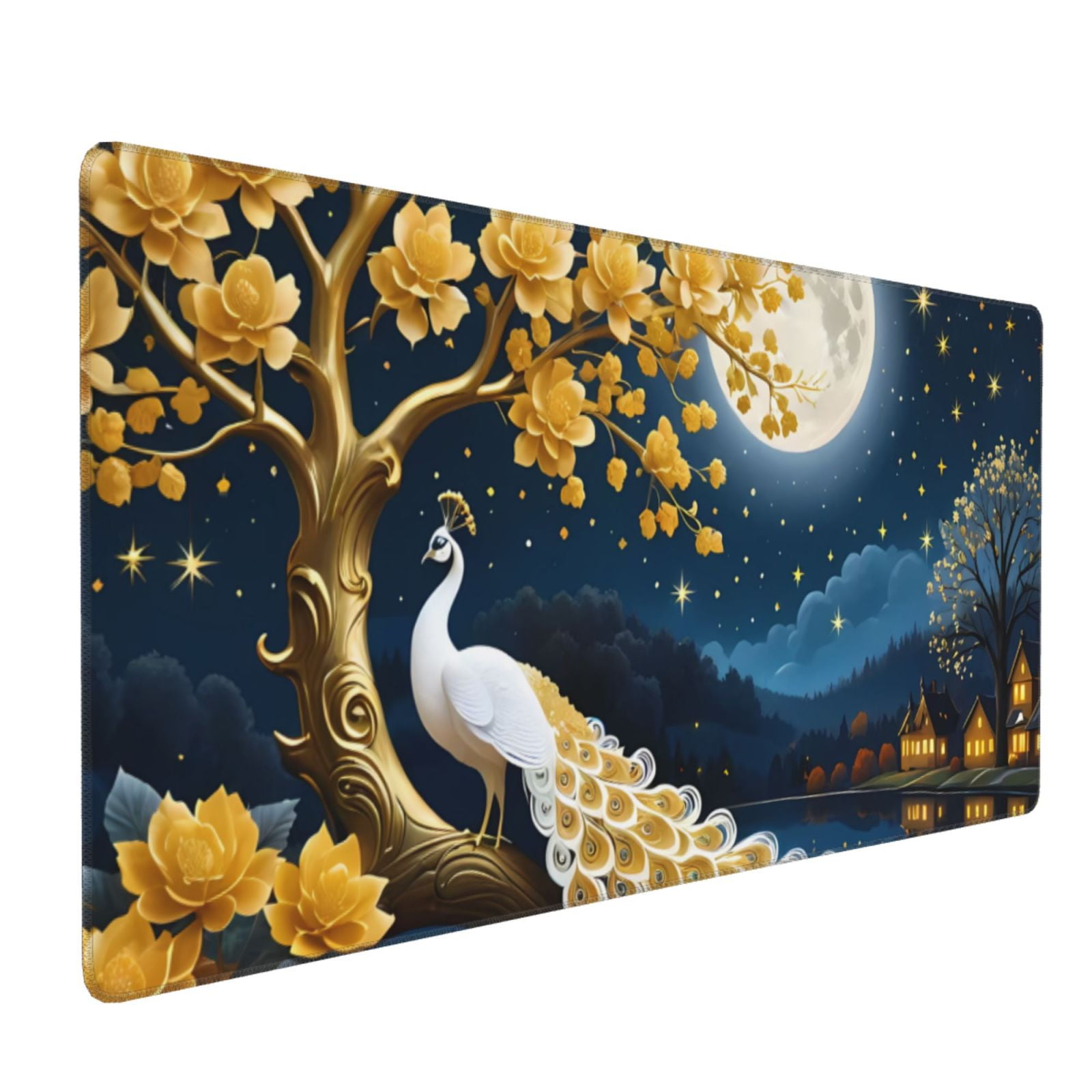 Derioi Moonlit Golden Tree Peacock for Large Non-Slip Gaming Mouse Pad 16"x35.5" for Home Office ...