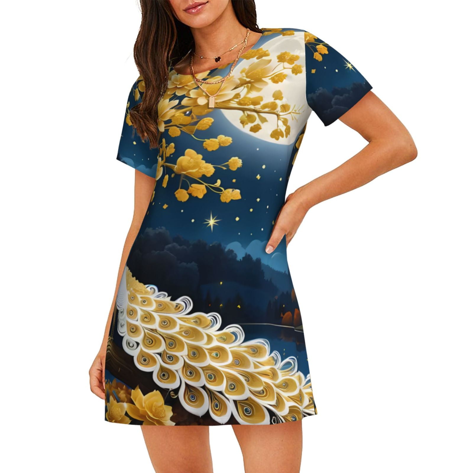 Derioi Moonlit Golden Tree Peacock for Women's Short-sleeved Nightdress ...
