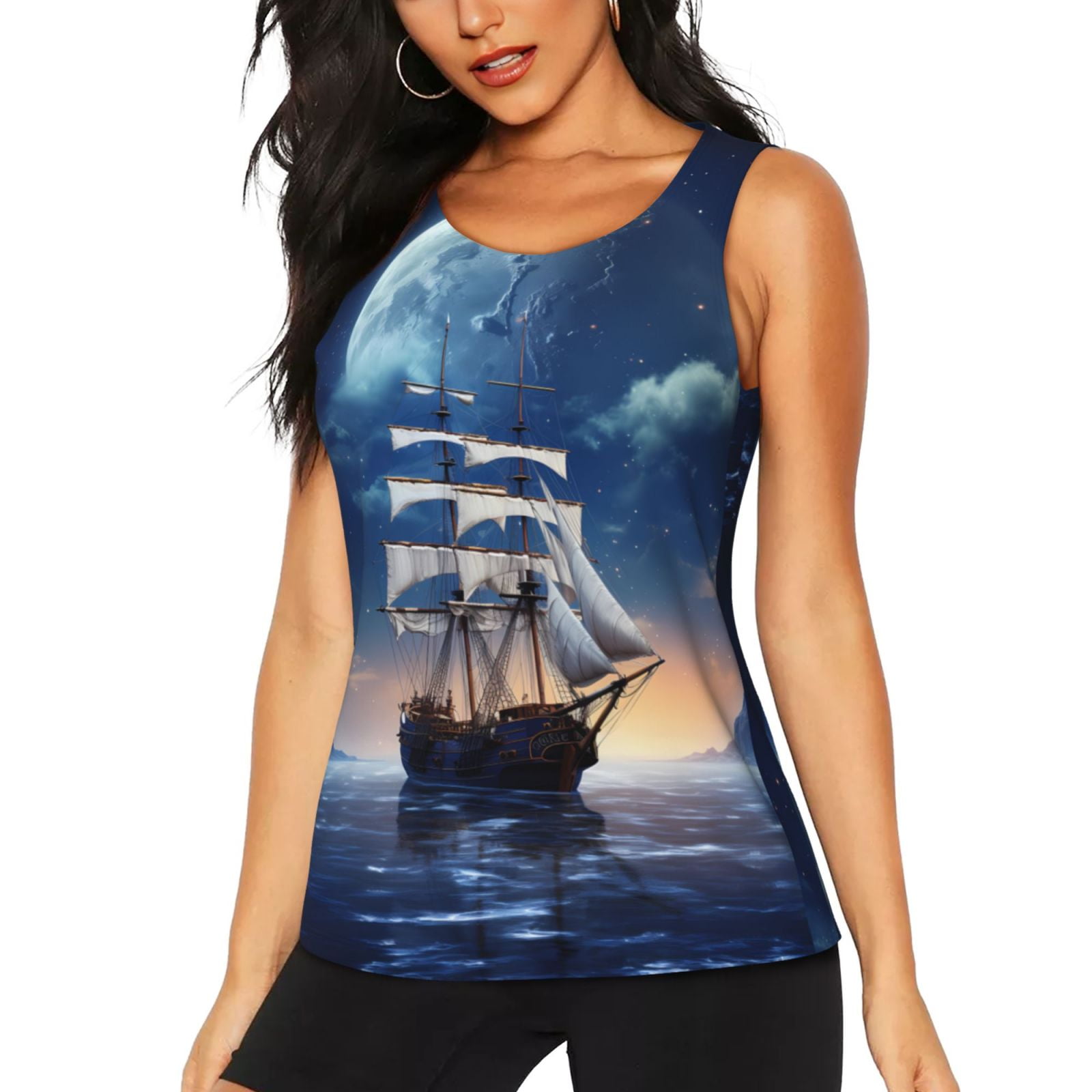 Derioi Moonlit Night Sea Sailboat for Workout Tops for Women Scoop ...