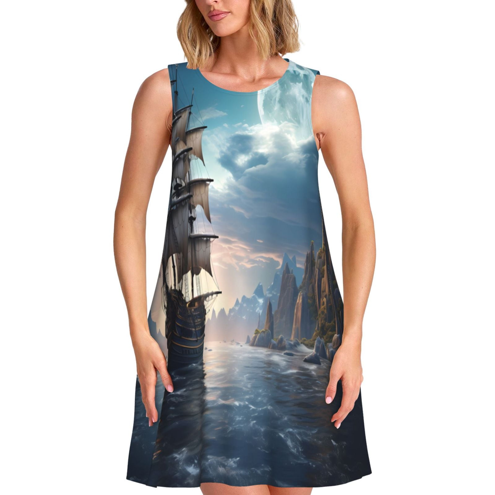Derioi Moonlit Sea Sailboat For Summer Sleeveless Swing Dresses with ...